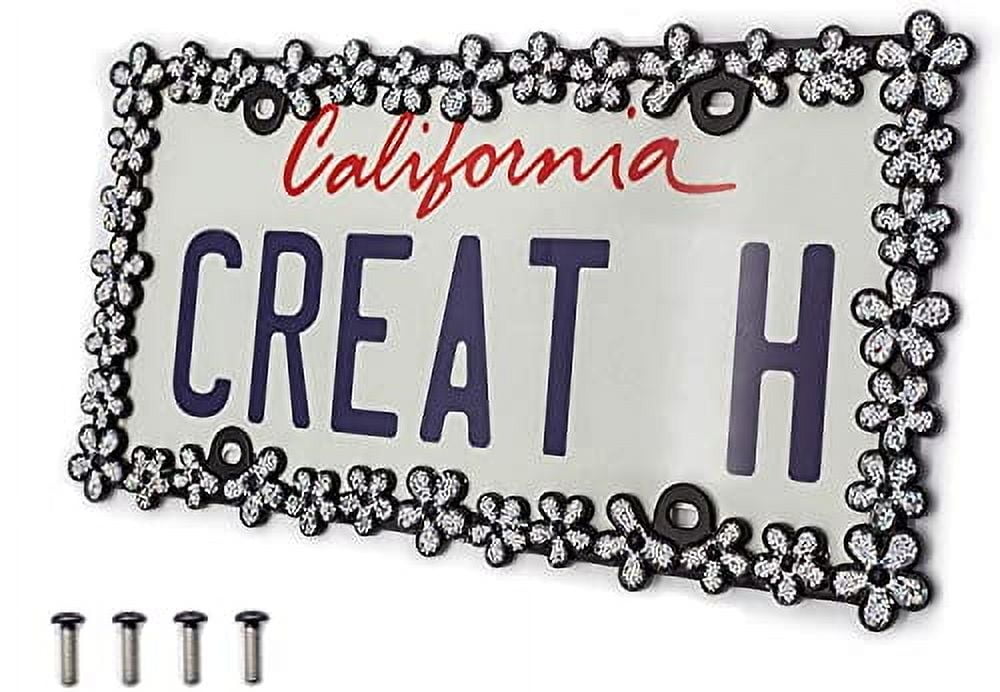 "CREATHOME 3D Daisy Wreath License Plate Frame, Zinc Alloy, Matt Black ...