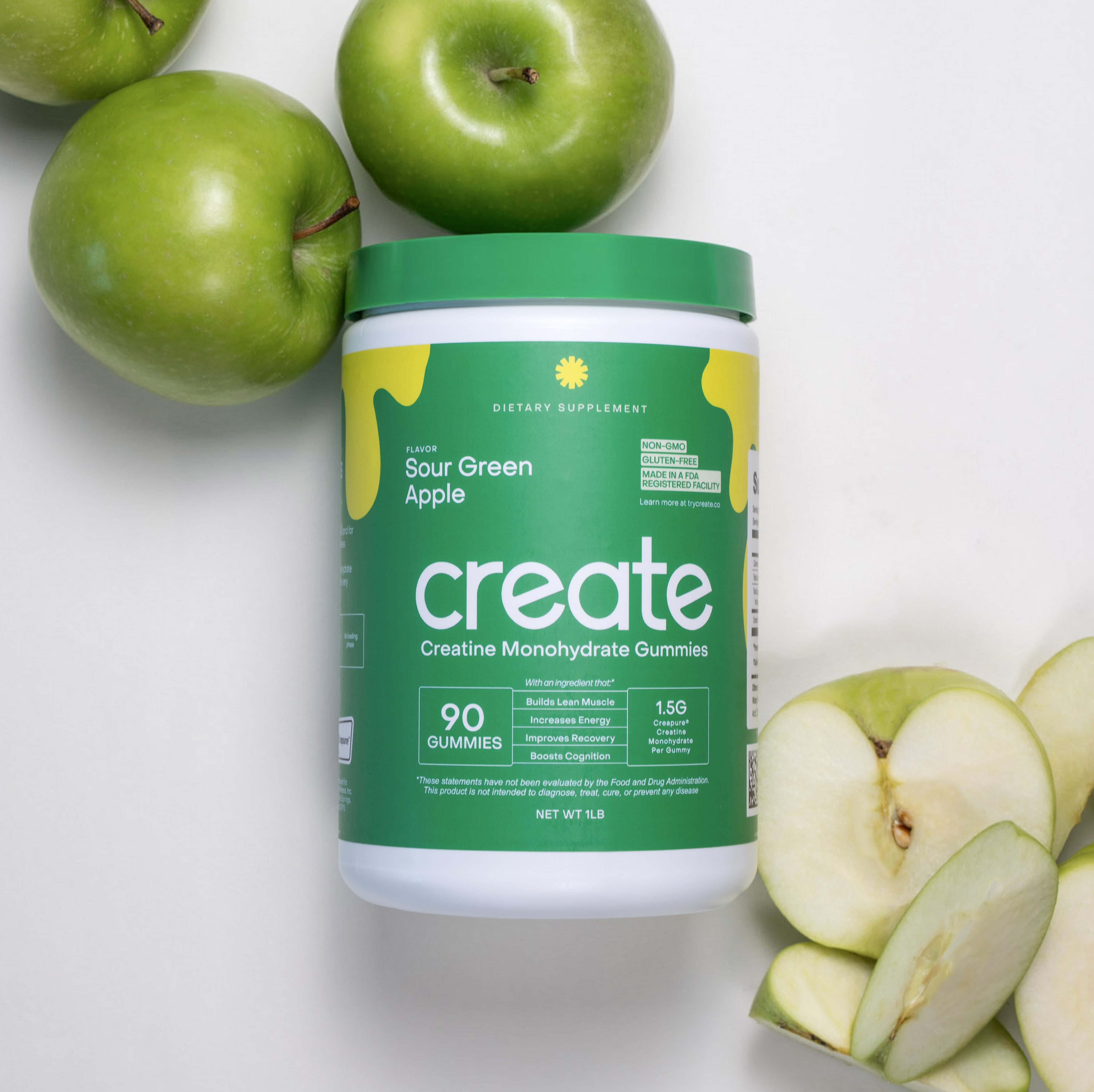 Create Wellness Sour Green Apple Creatine Gummies, 1.5g Creapure ...