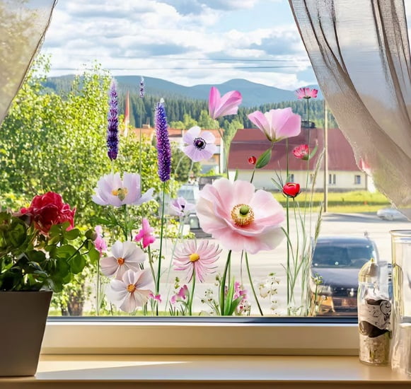 Creative 2D Flat Lavender Pink Flower Plant Window Stickers for Bedroom ...