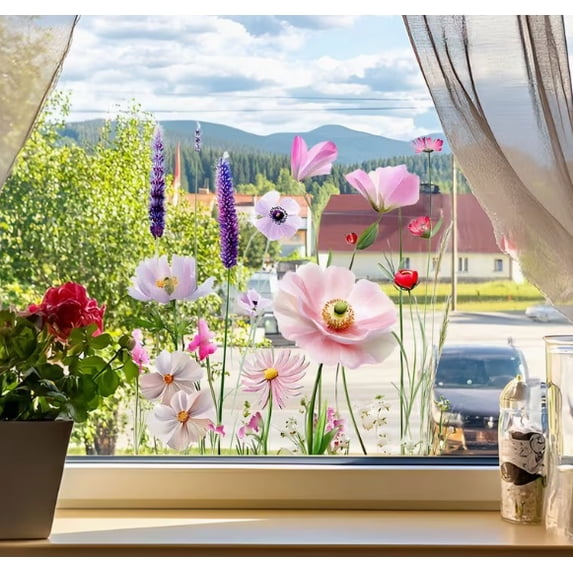 Creative 2D Flat Lavender Pink Flower Plant Window Stickers for Bedroom ...