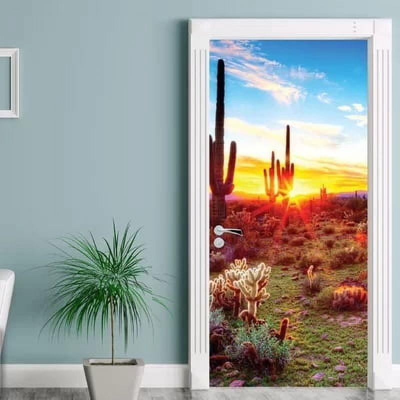 Creative 3D Beautiful Landscape Door Stickers Cactus For Living Room ...