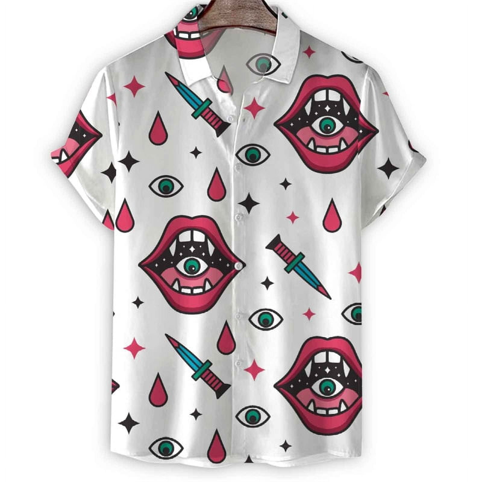 Creative 3d Printed Eyes Lips Hawaiian Shirt Men Short Sleeves Lapel ...