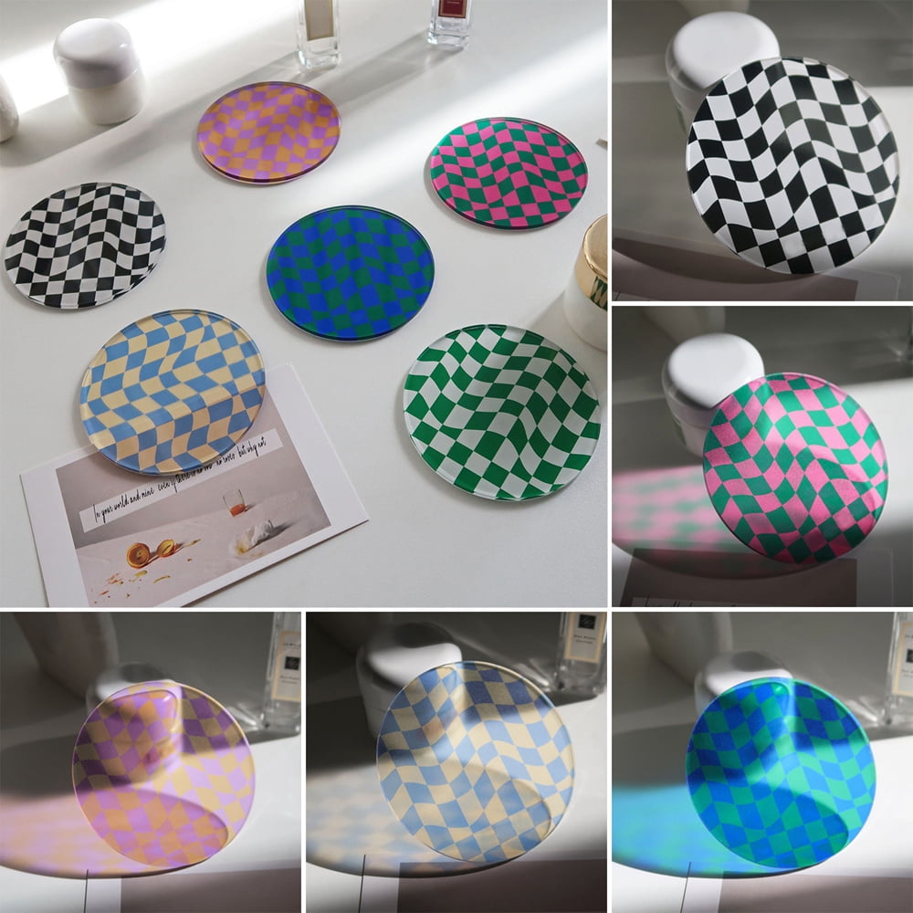 Creative Acrylic Coasters Set of 6 Round Checkerboard Abstract Cup Mat ...