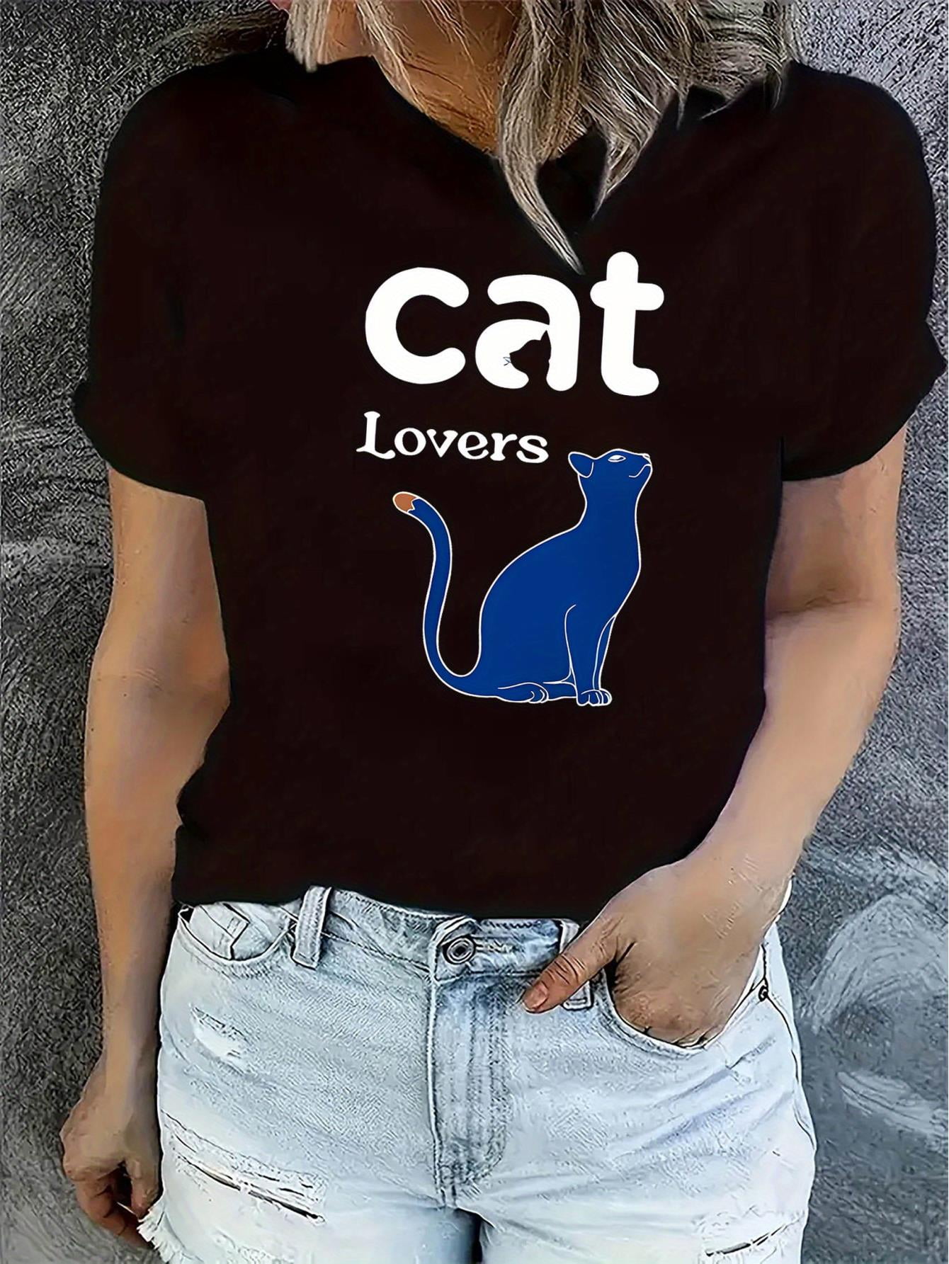 Creative Cat Print T-Shirt, Casual Short Sleeve Crew Neck Polyester Tee ...