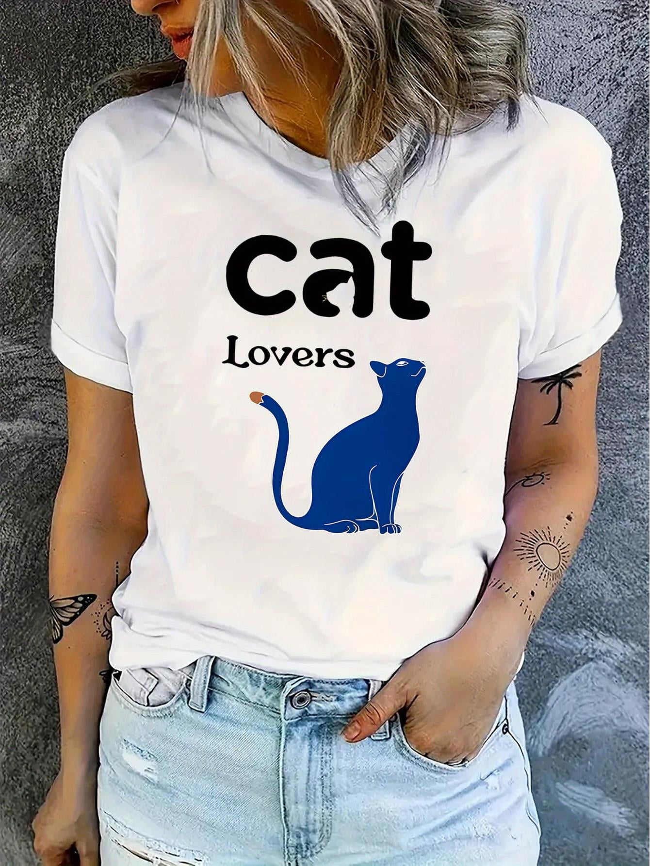 Creative Cat Print T-Shirt, Casual Short Sleeve Crew Neck Tee, Women's ...