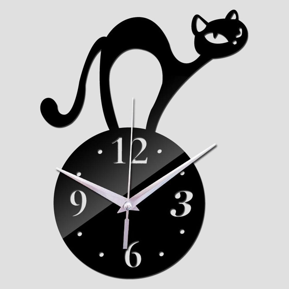 Creative Cat Wall Clocks Mirror Frameless Battery Operated Wall-mounted ...