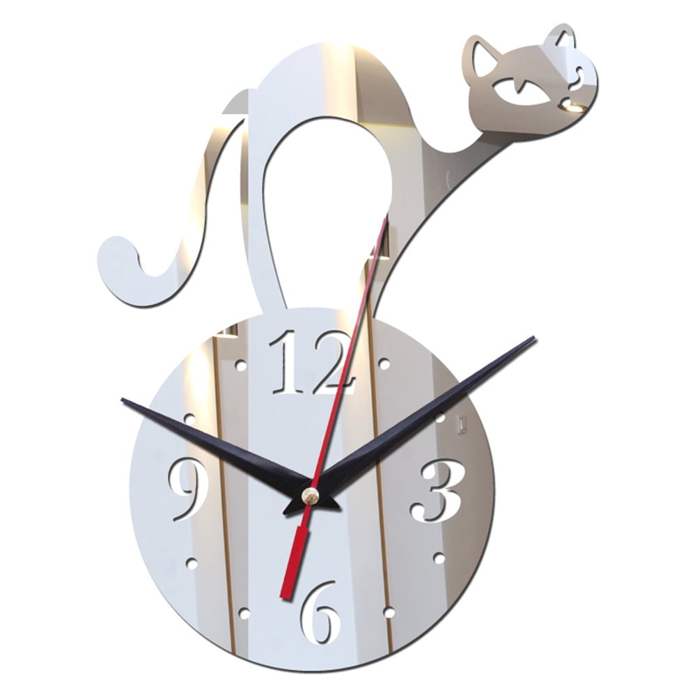 Creative Cat Wall Clocks Mirror Frameless Battery Operated Wall-mounted ...