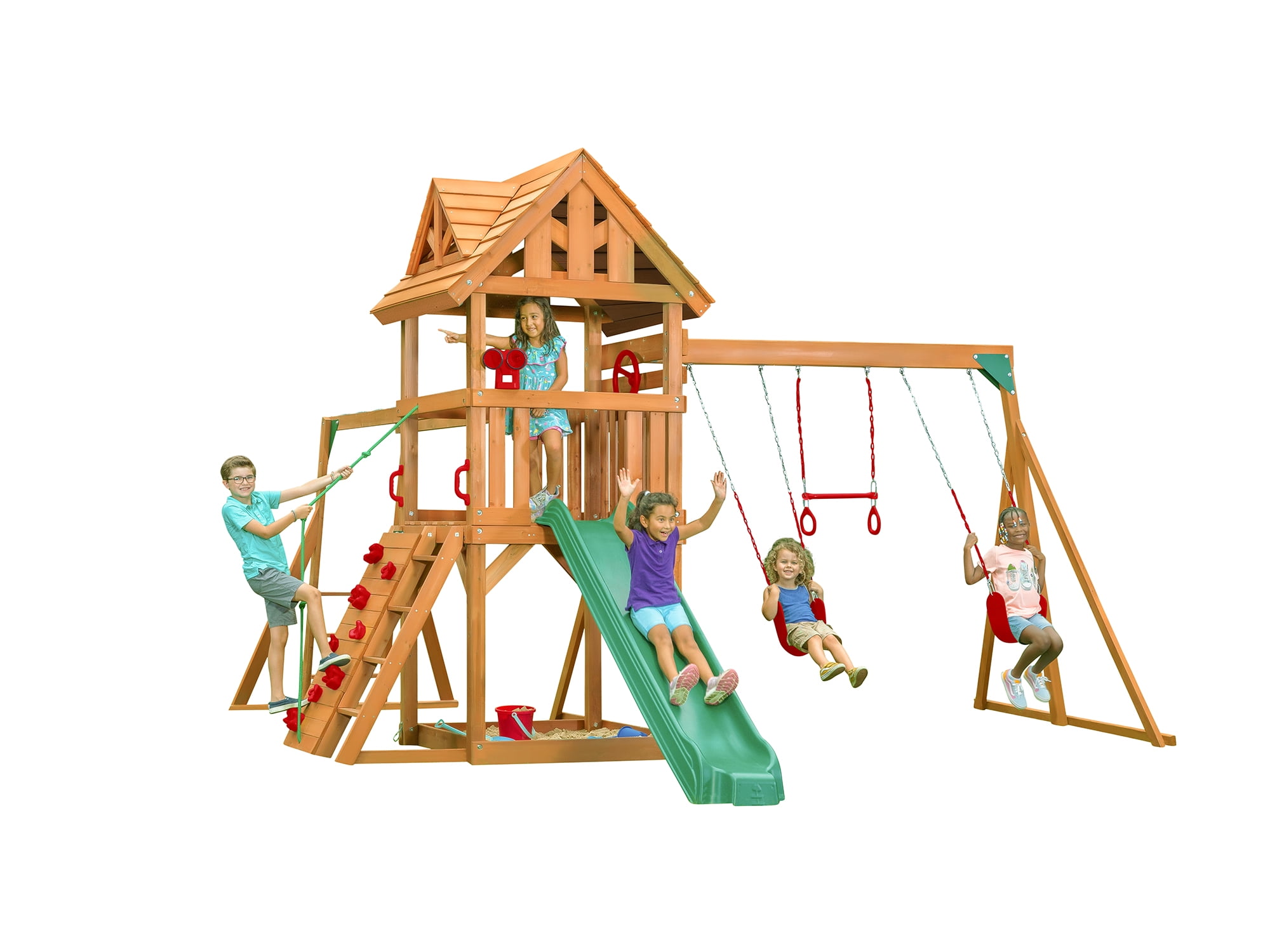 Mountain View Lodge Cedar Swingset with Roof, Monkey Bars, Climbing ...
