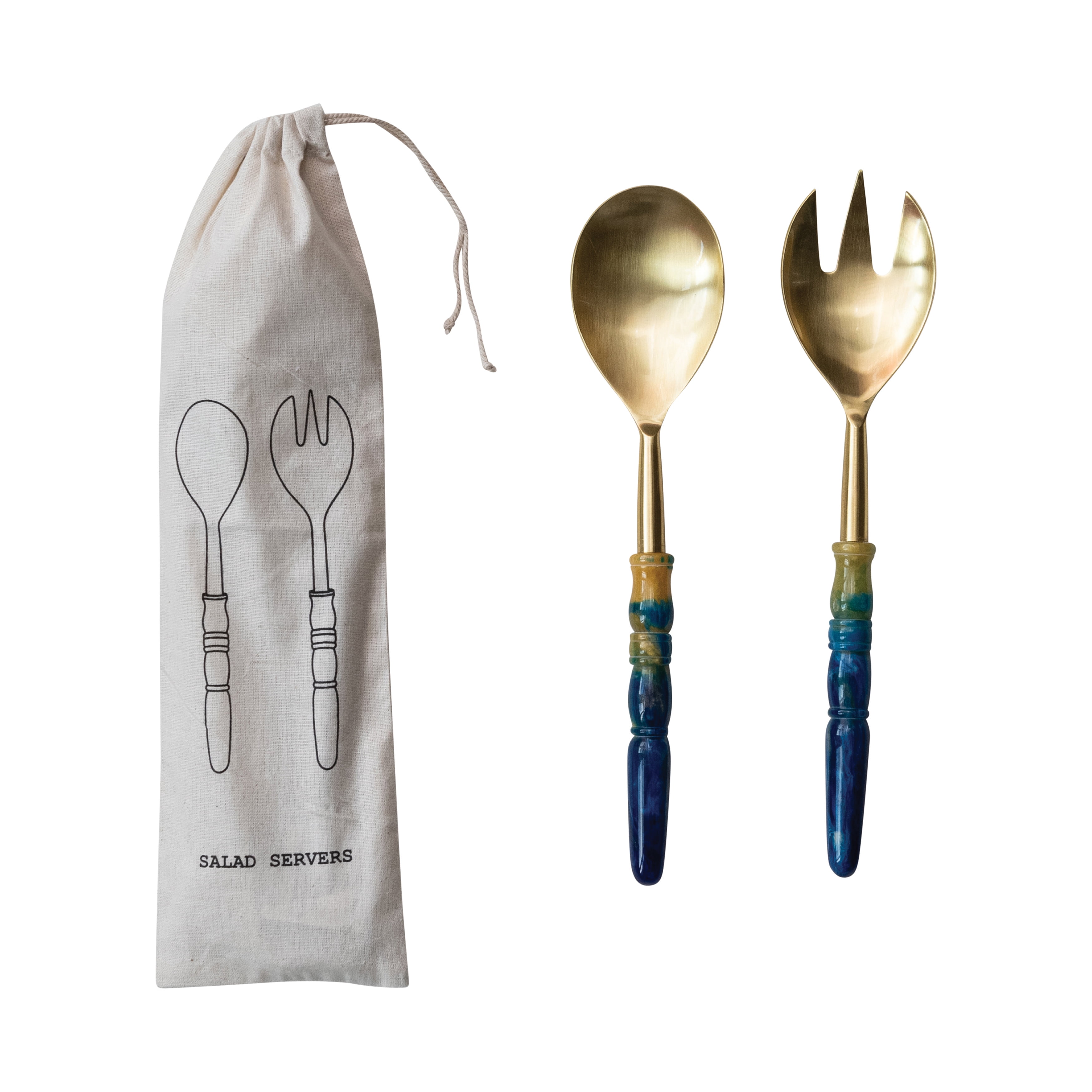Creative Co-Op 2-Piece Stainless Steel Salad Servers with Marbled Resin ...