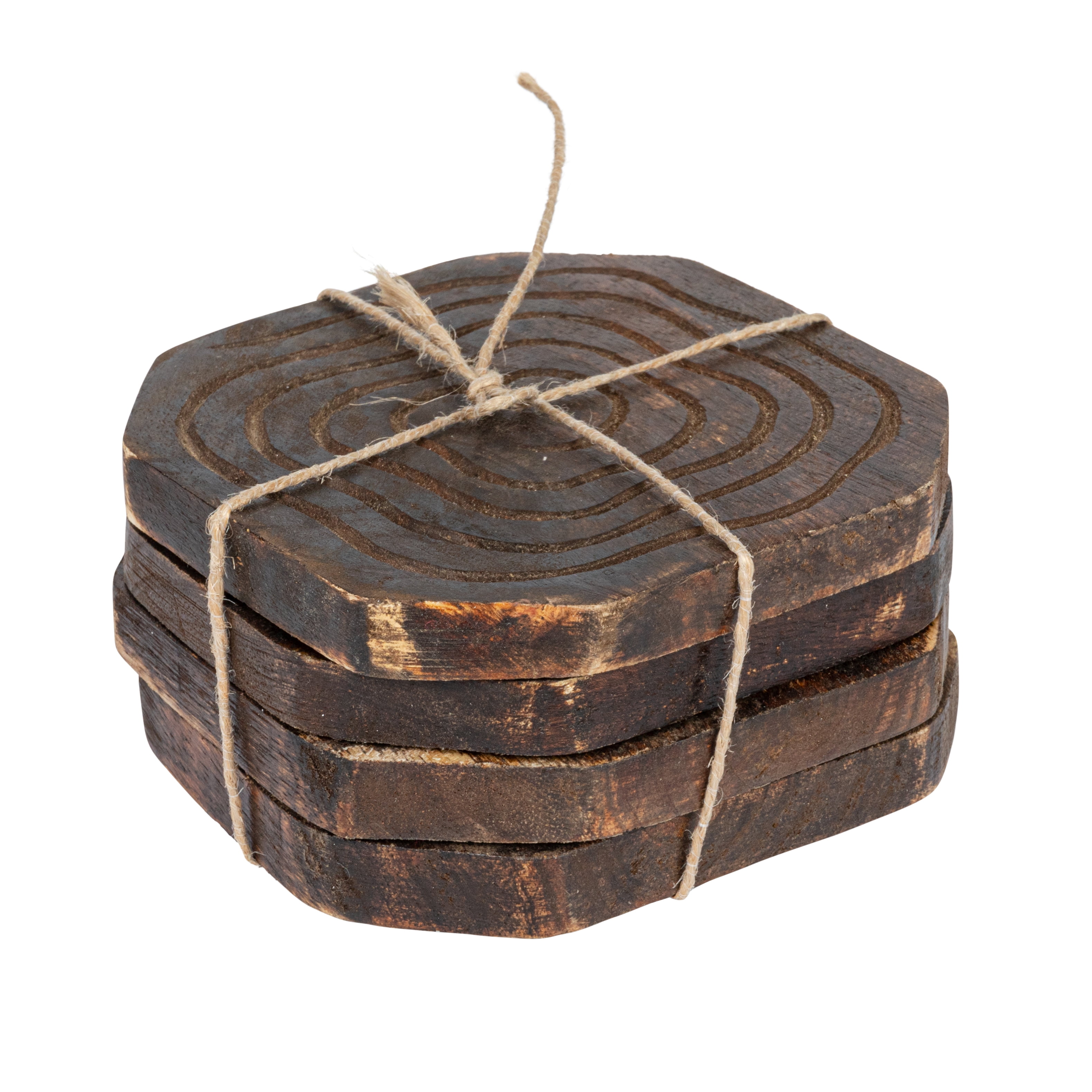 Creative Co-Op 4 Inches Round Hand-Carved Mango Wood Coasters with ...