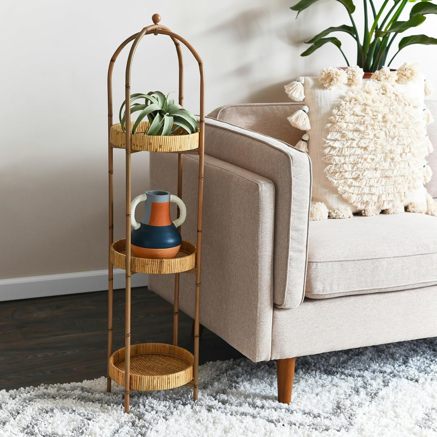 Creative Co-Op Bamboo Style Metal Shelf with Rattan Trays - Walmart.com