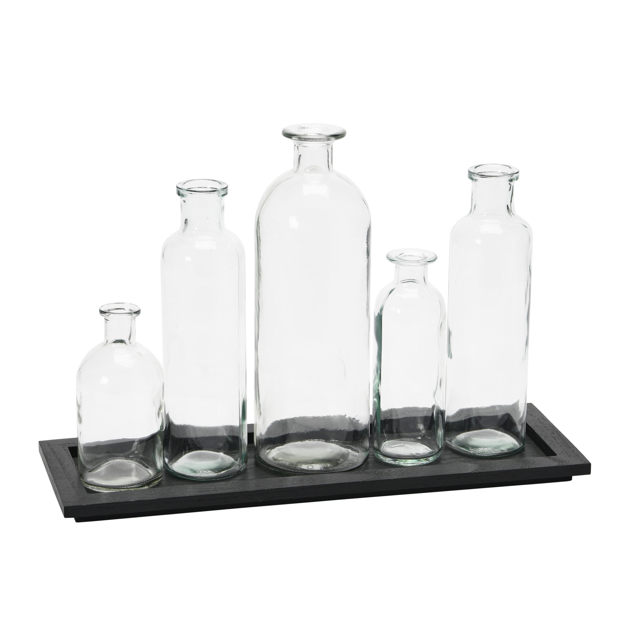 Creative Co-Op Black Wood Tray, Decorative Glass Bottle Vases, Set of 5 ...