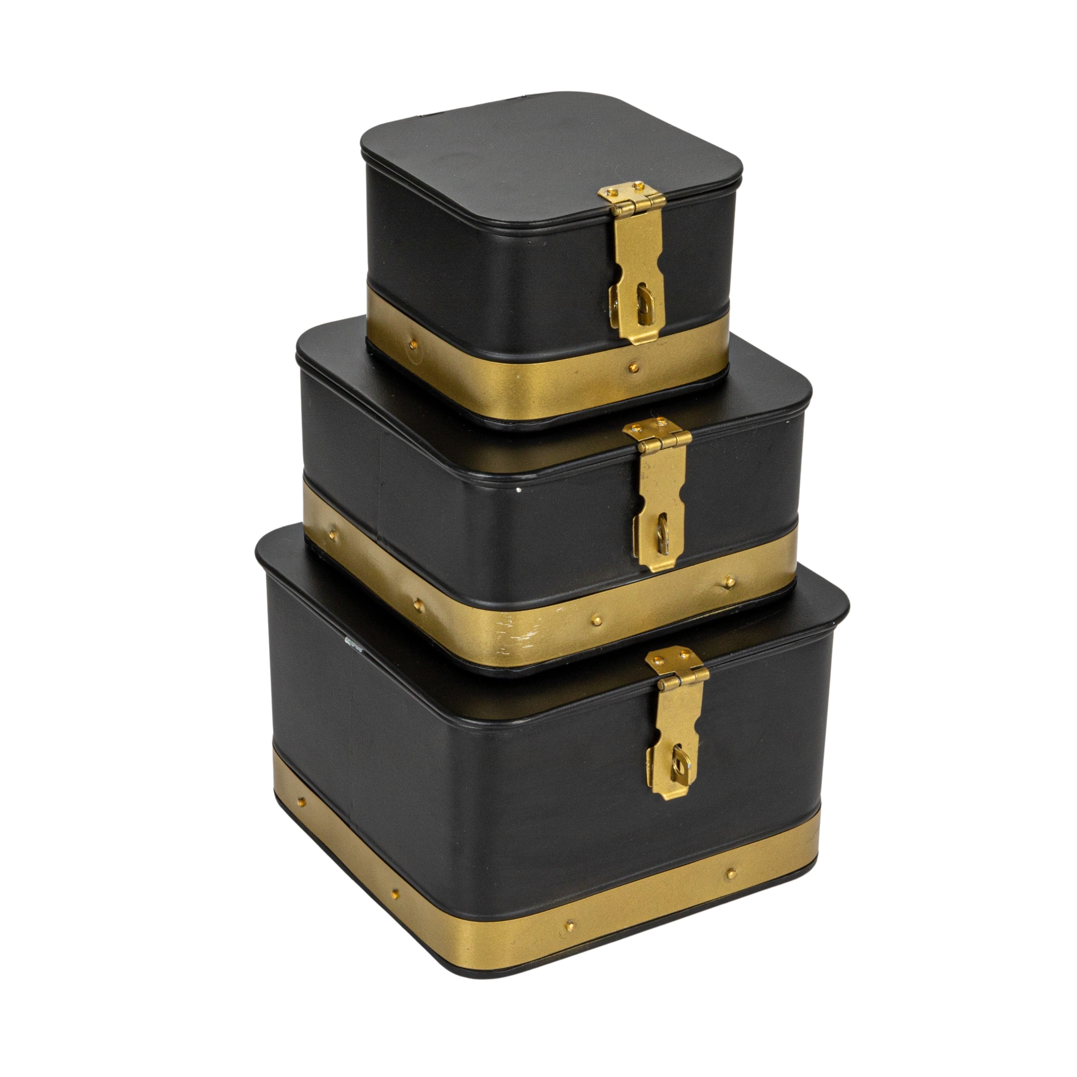 Creative Co-Op Decorative Metal Boxes with Lid, Black with Gold Band ...