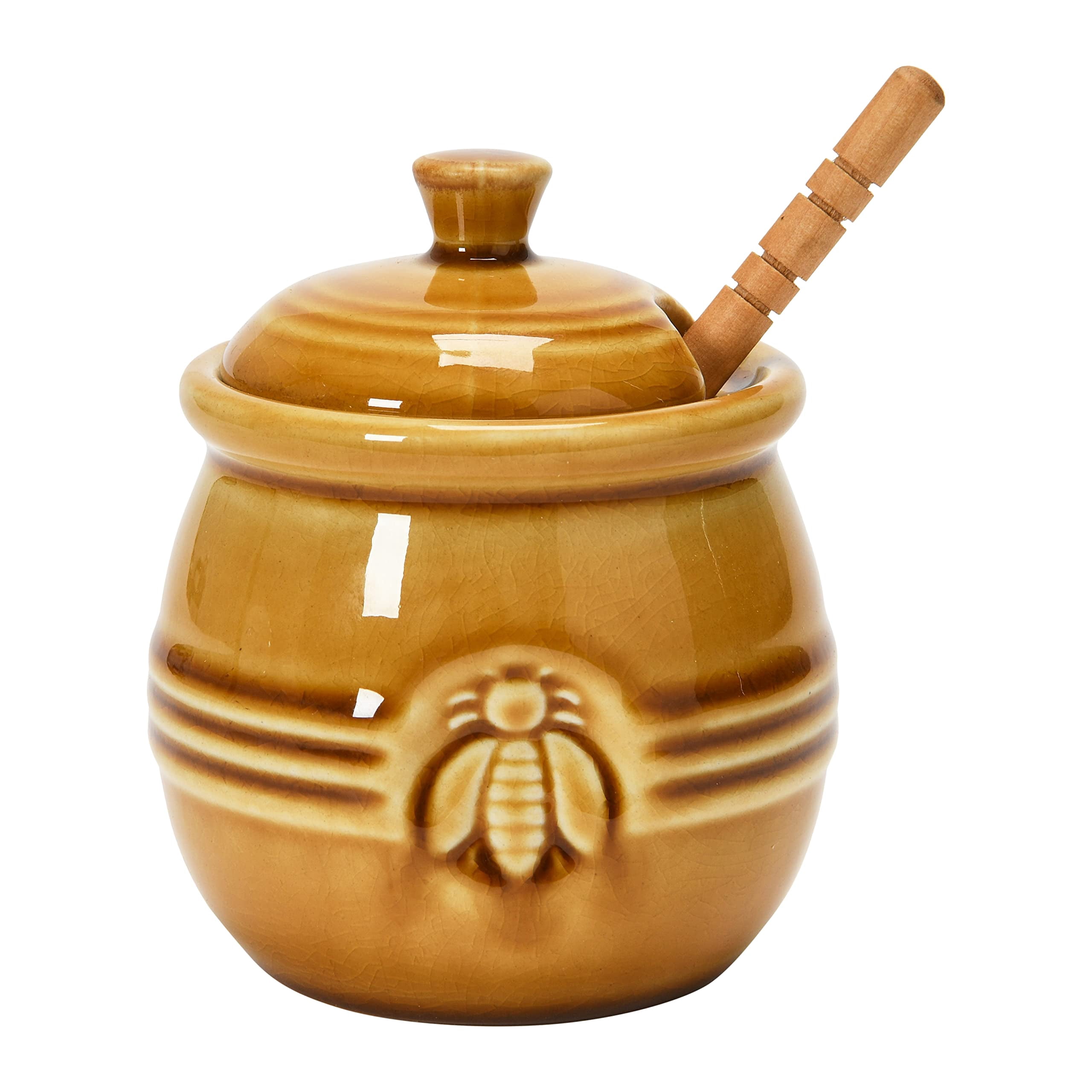Creative Co-Op Farmhouse Embossed Stoneware Honey Pot with Wood Honey ...