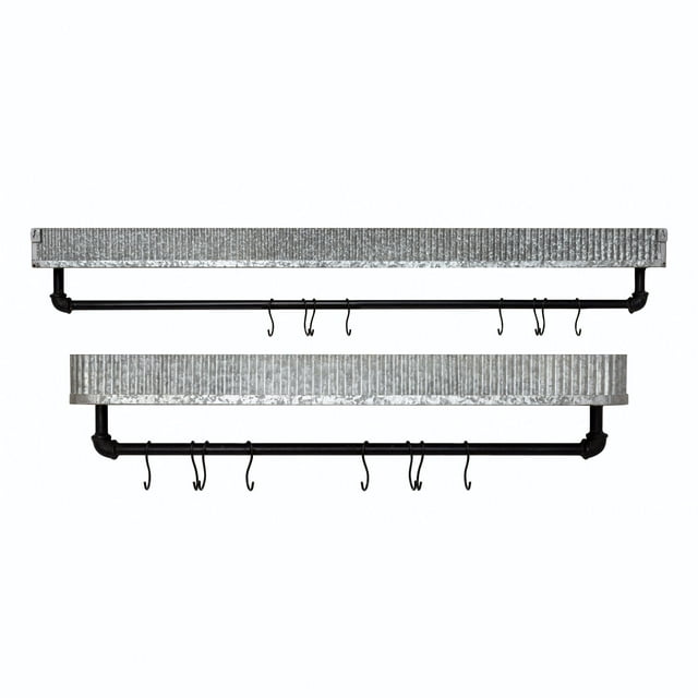 Creative Co-Op Galvanized Metal Shelves with Bars and 17 Hooks, Set of ...
