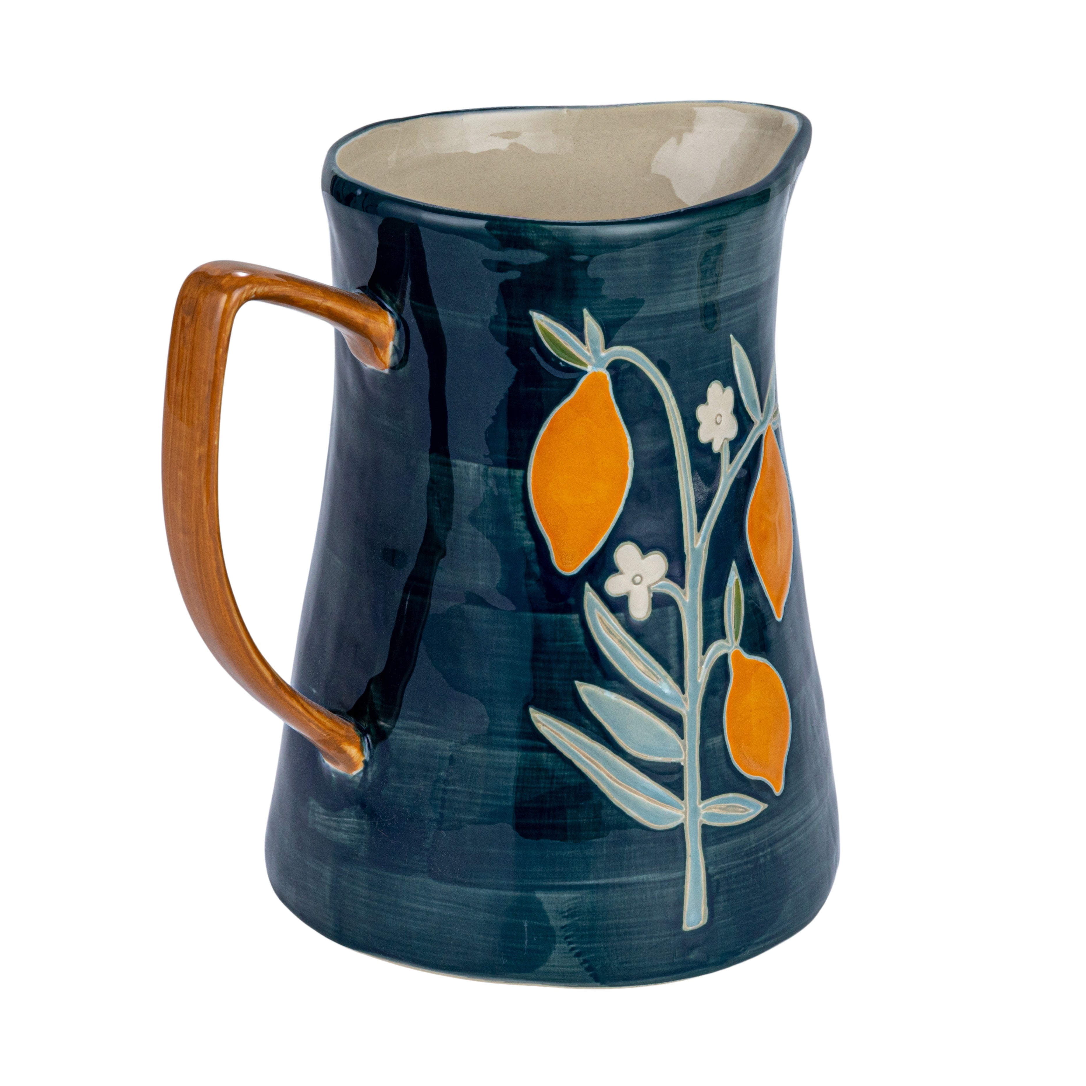 Creative Co-Op Hand-Painted Stoneware Pitcher with Wax Relief Flowers ...