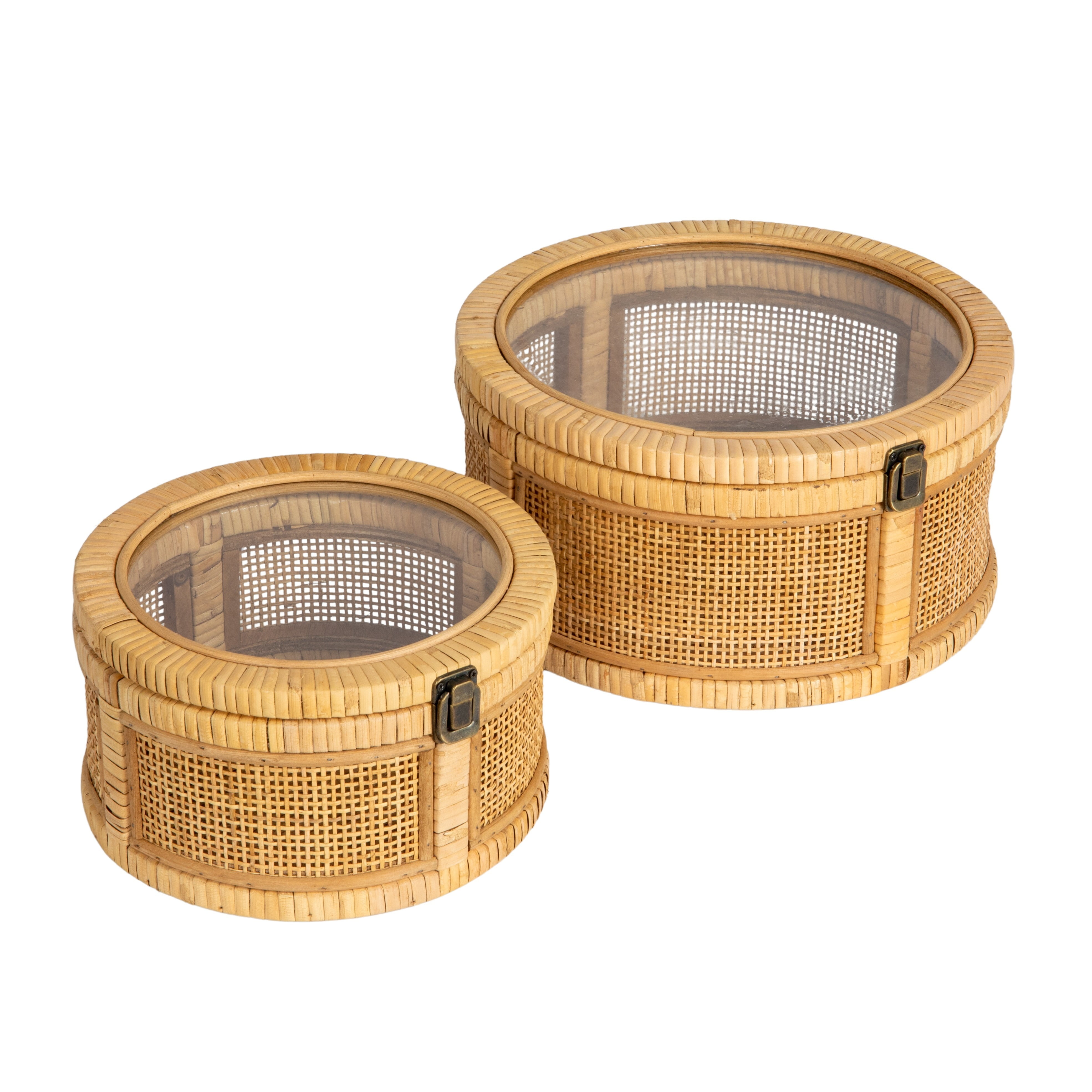 Creative Co-Op Rattan and Bamboo Nestable Round Storage with Glass Lids ...