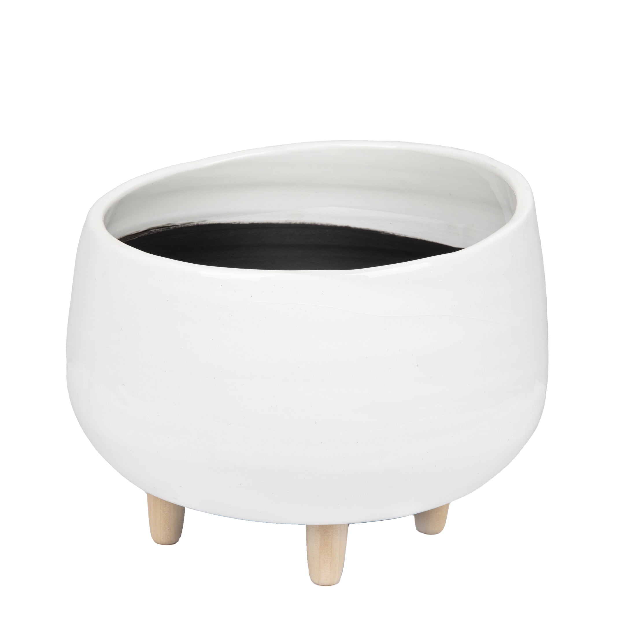 Creative Co-Op Round Ceramic Planter with Wood Feet, White and Natural ...