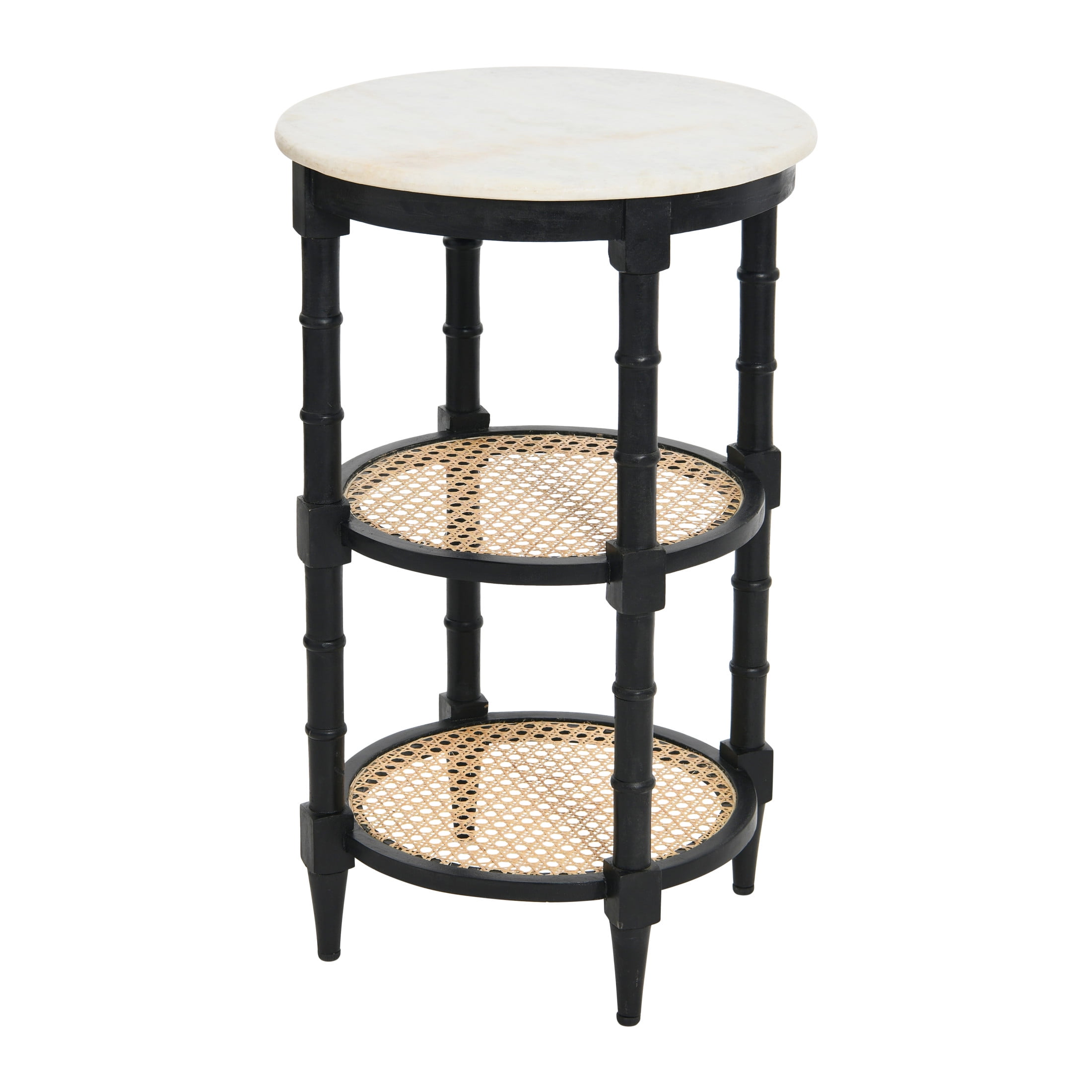Creative Co-Op Round Solid Wood End Table with Genuine Marble Top and 2 Woven Cane Storage ...
