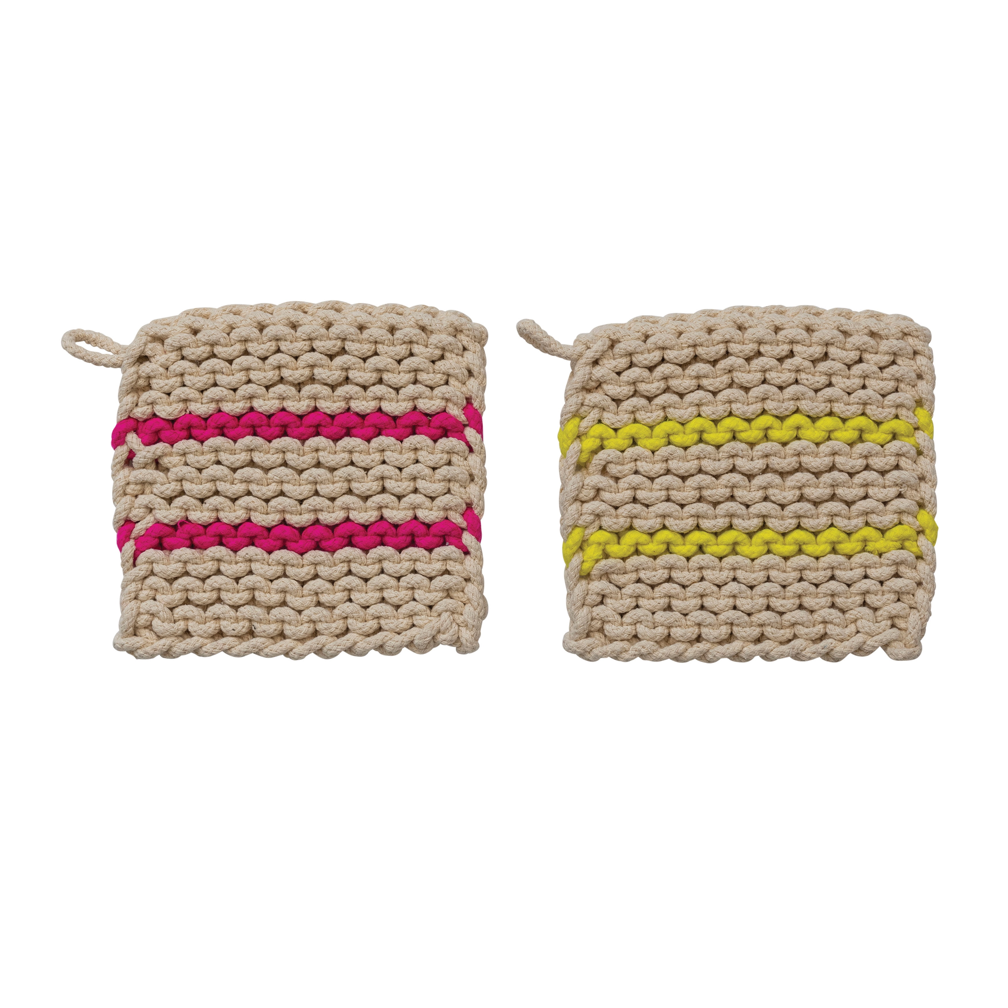 Creative Co-Op Square Cotton Crocheted Pot Holders with Neon Stripes ...