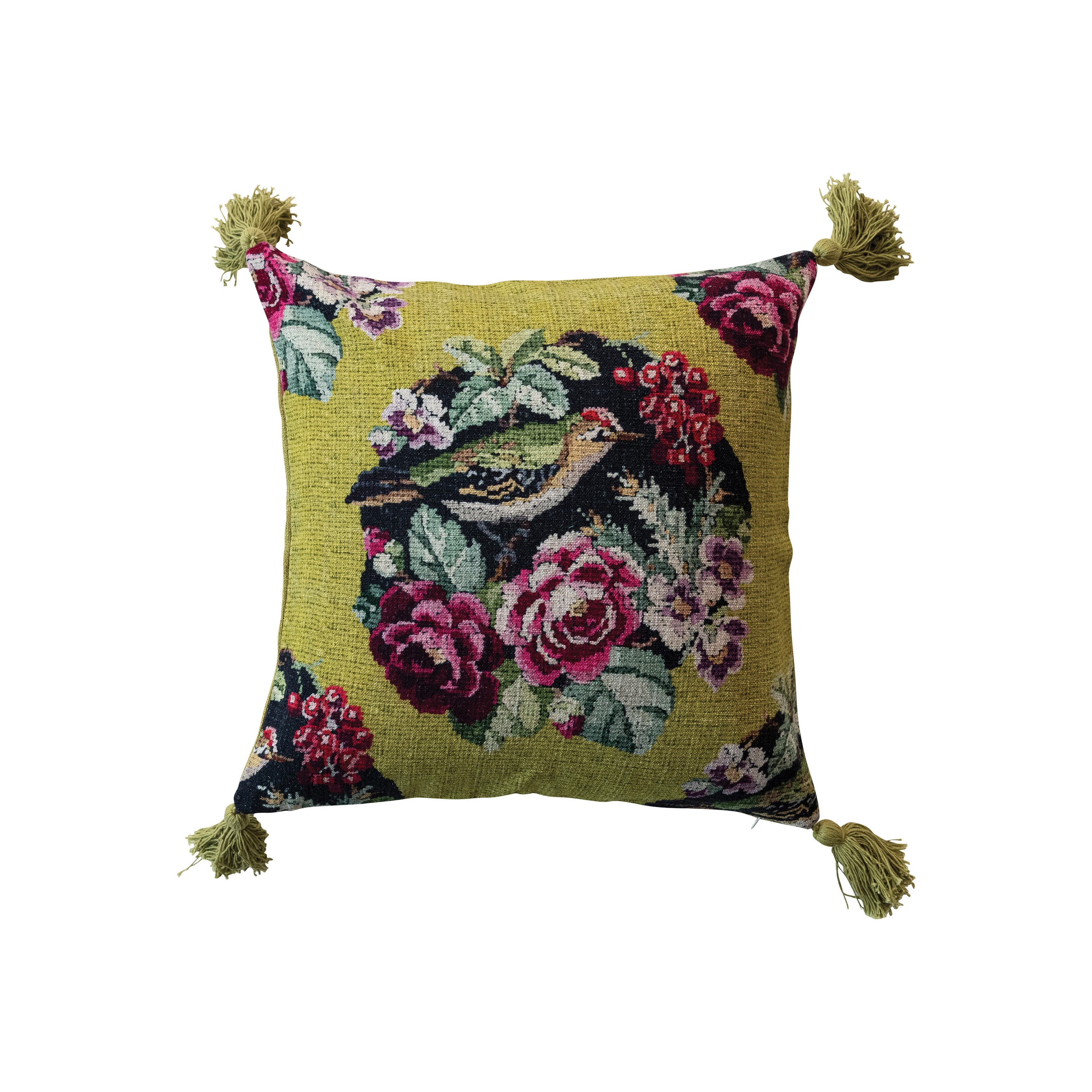 Creative Co-Op Square Woven Linen Blend Pillow with Bird, Flowers and ...