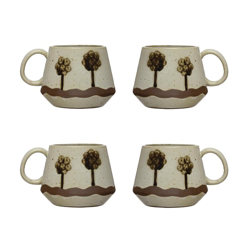 Creative Co-Op Stoneware Mug with Painted Trees, Set of 4, Multicolor ...
