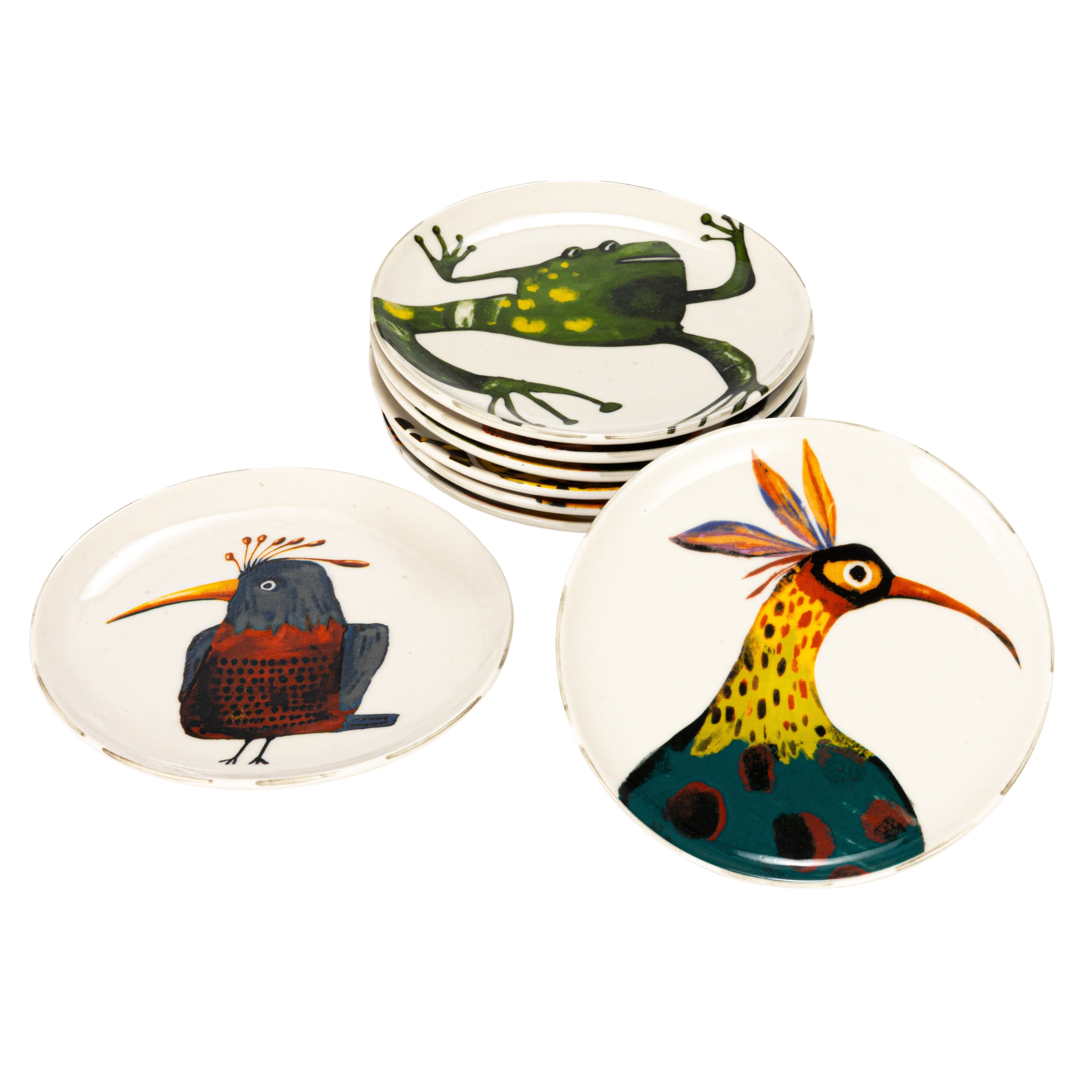 Creative Co-Op Stoneware Plate Set with Animal Designs, Multicolor, Set ...