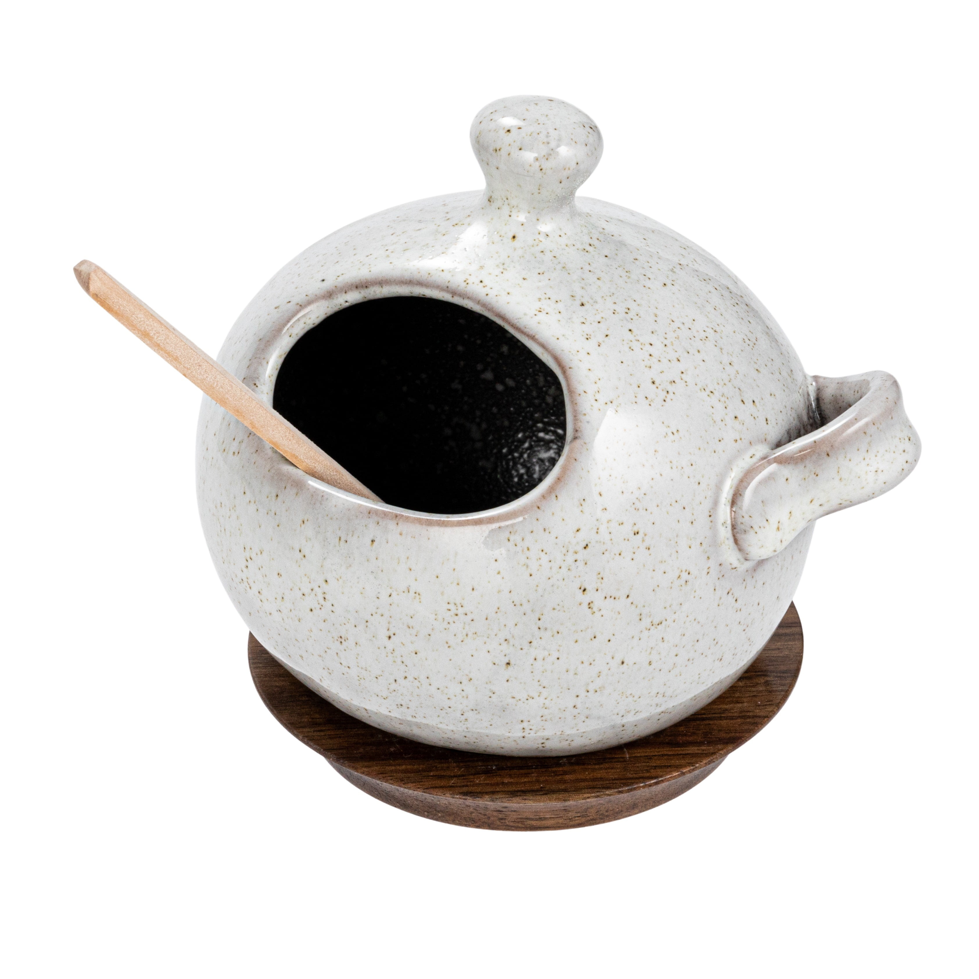 Creative Co-Op Stoneware Salt Jar with Wood Spoon and Coaster, Cream ...