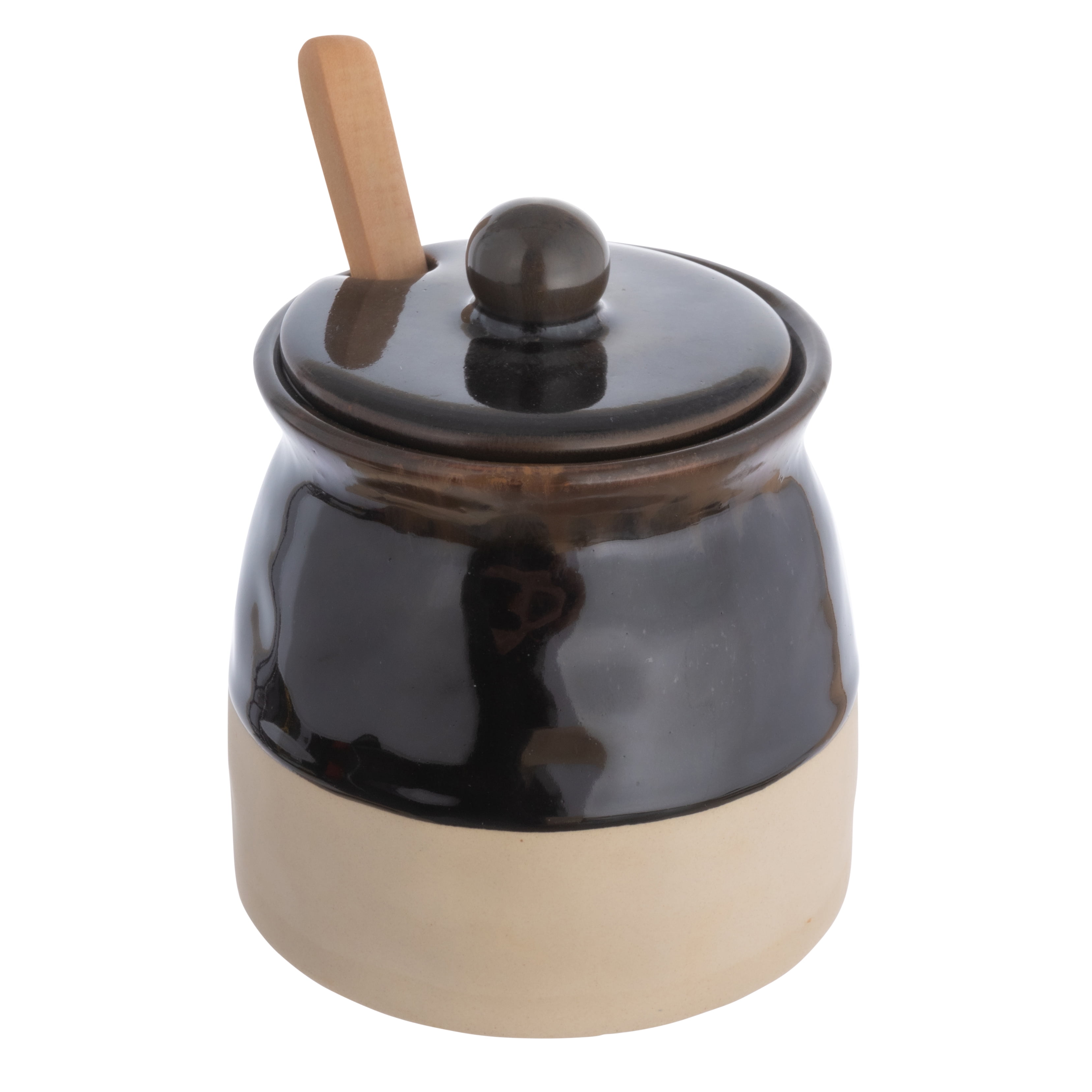Creative Co-Op Stoneware Sugar Pot with Lid and Wood Spoon, Espresso ...