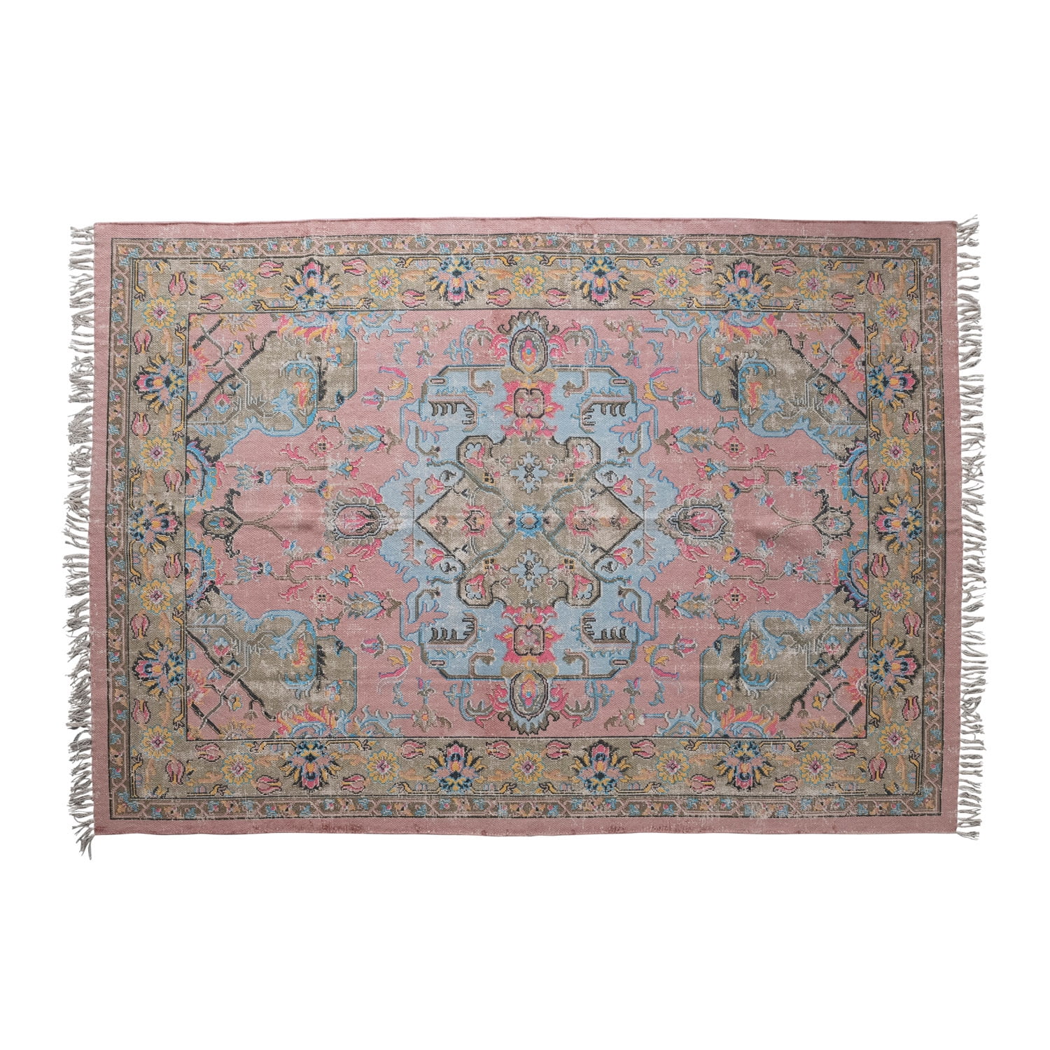 Creative Co-Op Woven Cotton Distressed Print Dhurrie Rug with Fringe ...