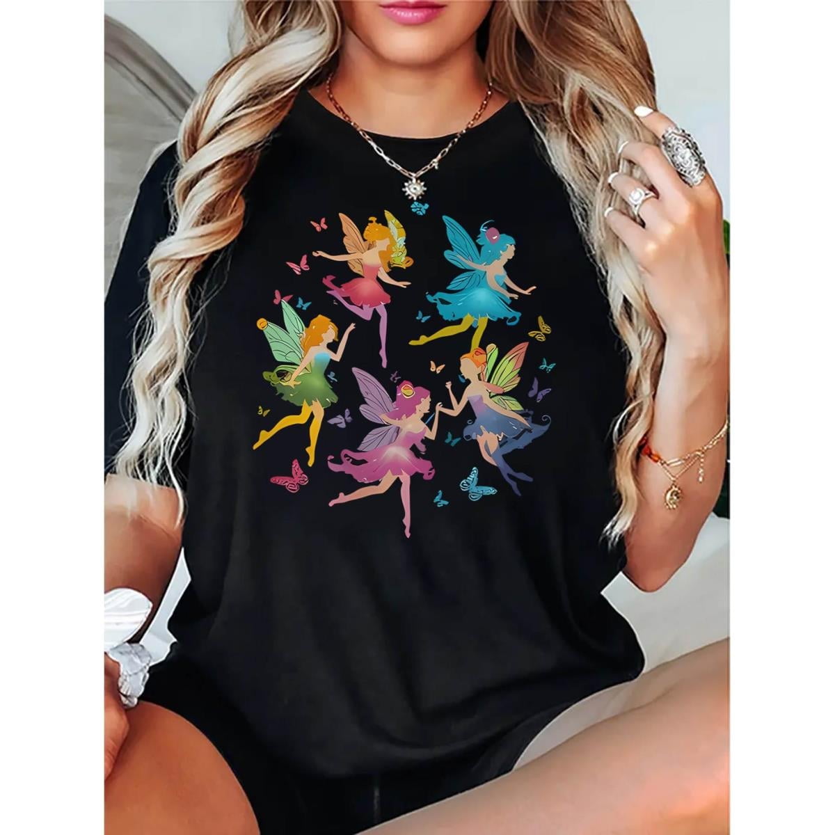 Creative Colorful Butterfly Fairy Pattern Printed - Graphic Tees Women ...