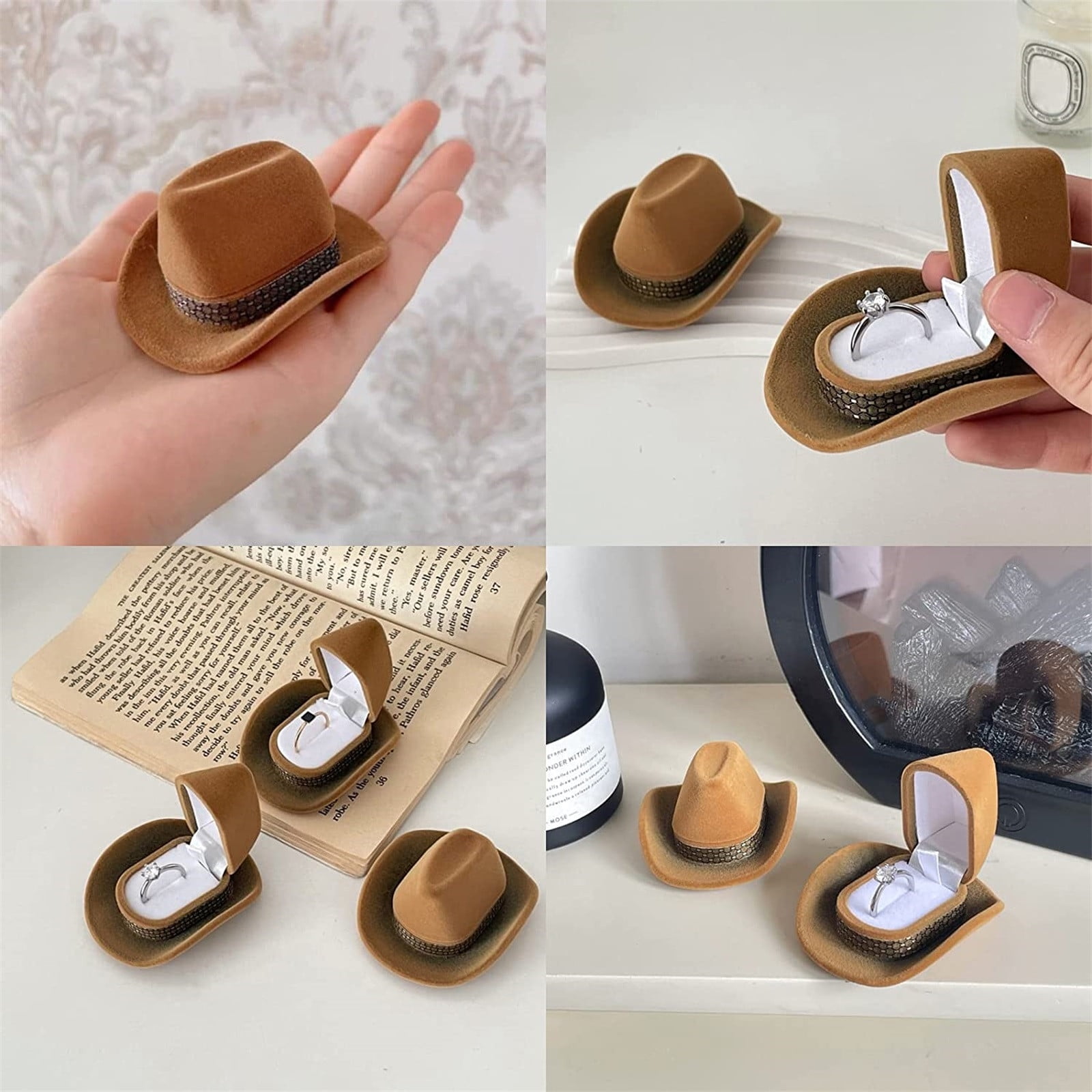 Creative Cowboy Hat Shape Ring Box Velvet Brown Jewelry Display Storage ...