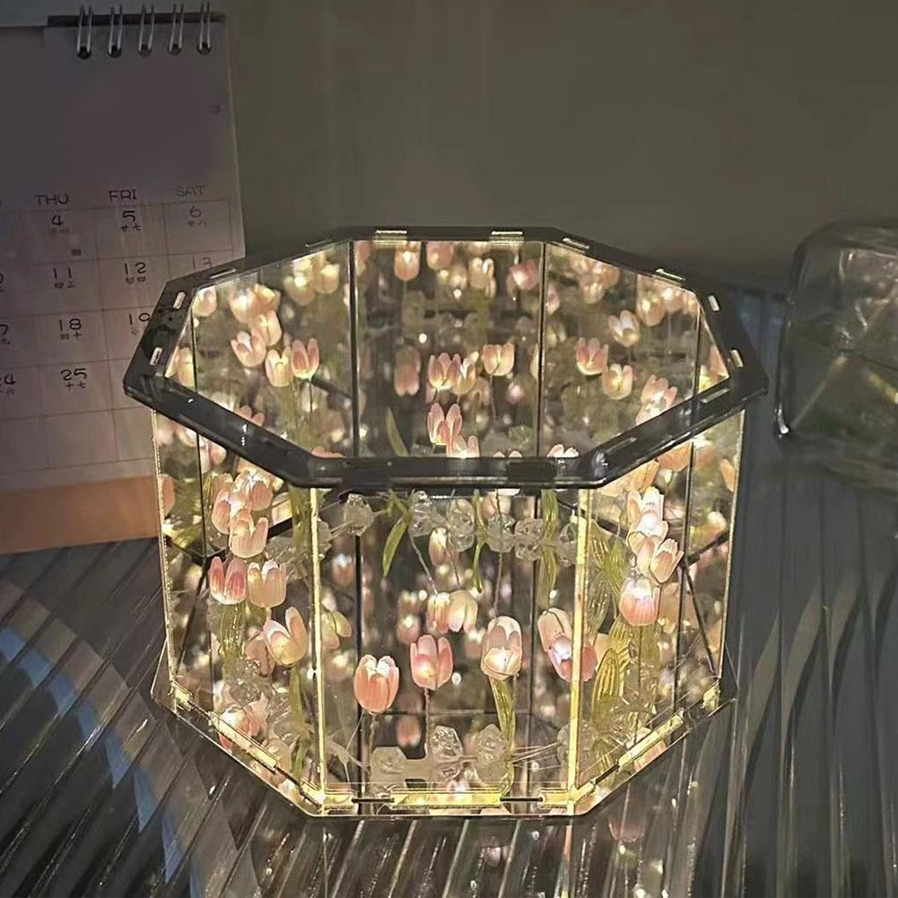 Creative DIY Handmade Cube Tulip Flower Night Light Mirror Light DIY ...