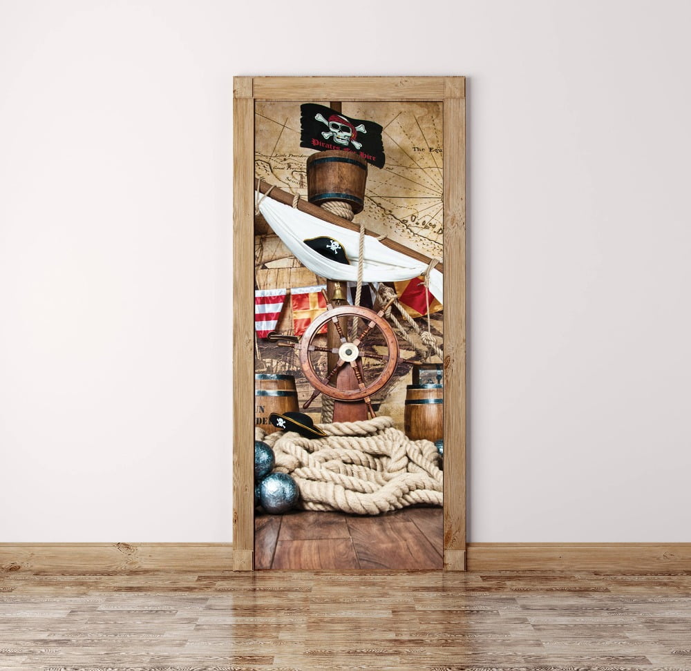 Creative Door Mural Cartoon Pirate Ship Rudder Door Wrap For Kid's Peel ...