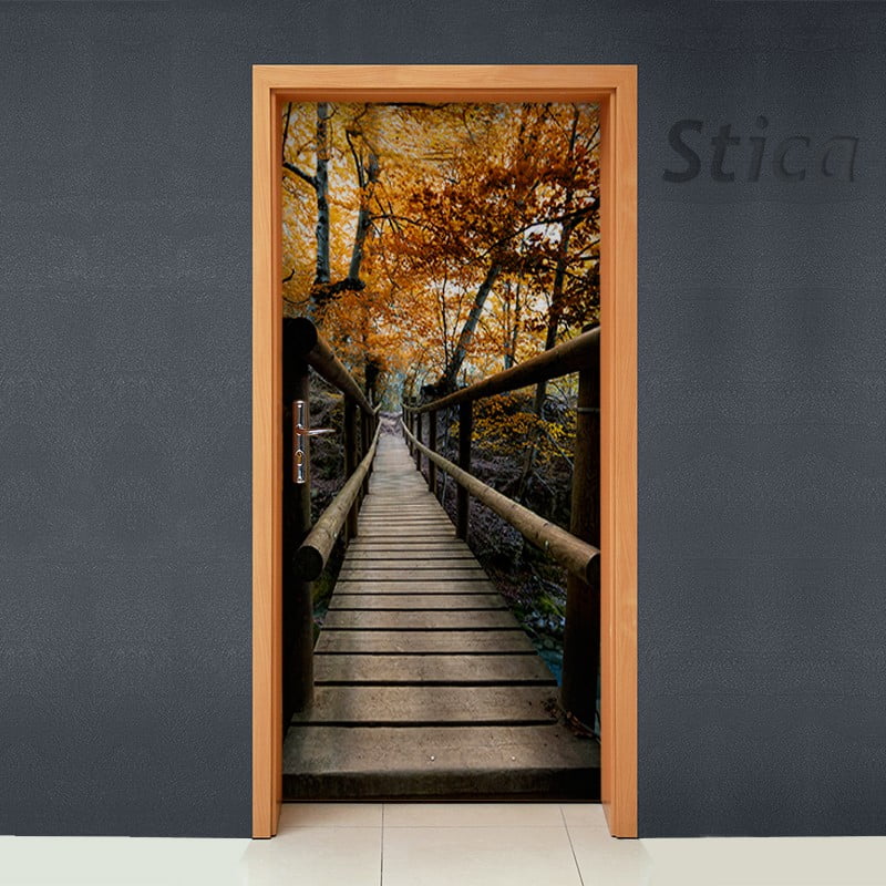 Creative Door Sticker Autumn Forest Bridge For Living Room Bedroom PVC ...