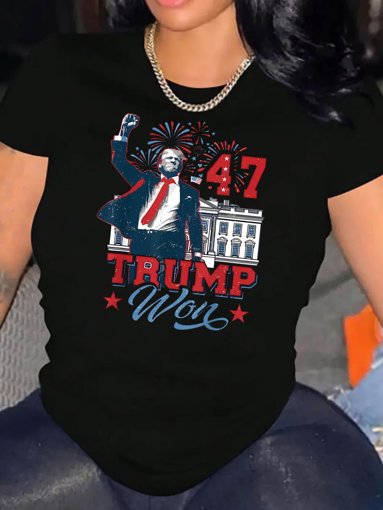 Creative English Trump Pattern Printed Women'S Fashionable Round Neck ...
