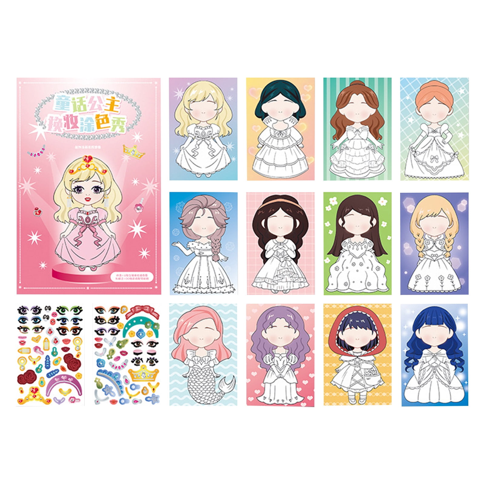 Creative Fairy Princess Coloring Book Set with Stickers 12 Unique ...