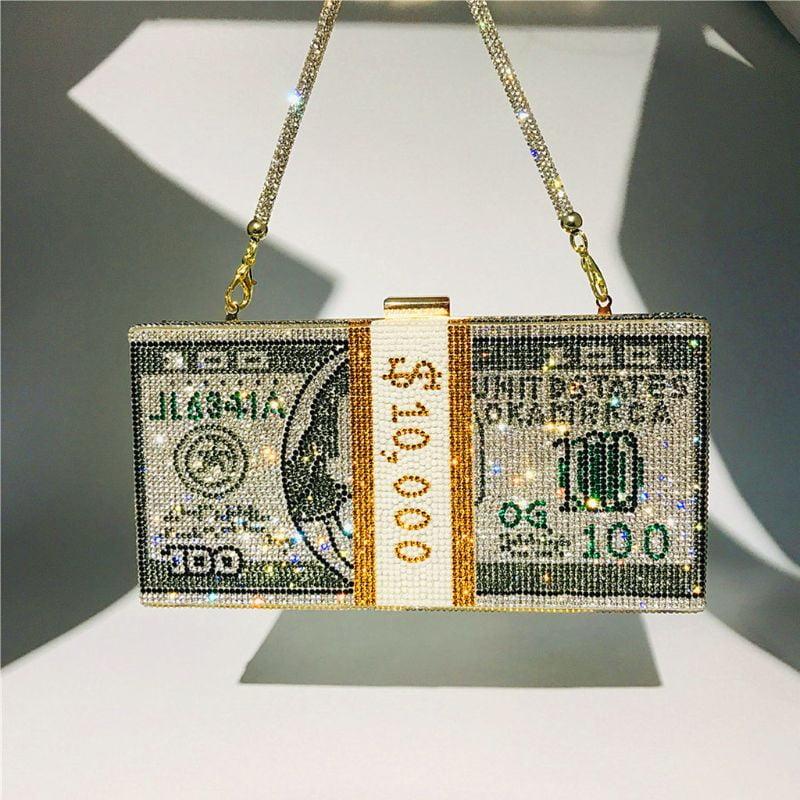 Creative Fashion New Money Clutch Rhinestone Purse 10000 Dollars Stack ...