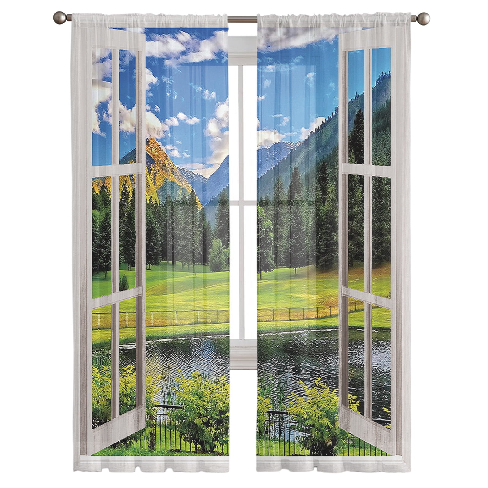 Creative Forest Pond Scenery Outside The Window Sheer Curtains for ...