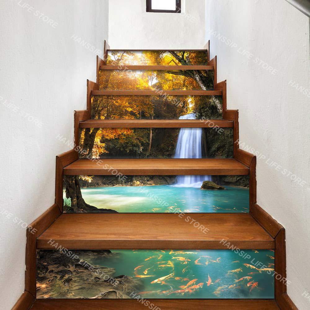Creative Forest Waterfall Landscape Stair Stickers Waterproof Cherry ...
