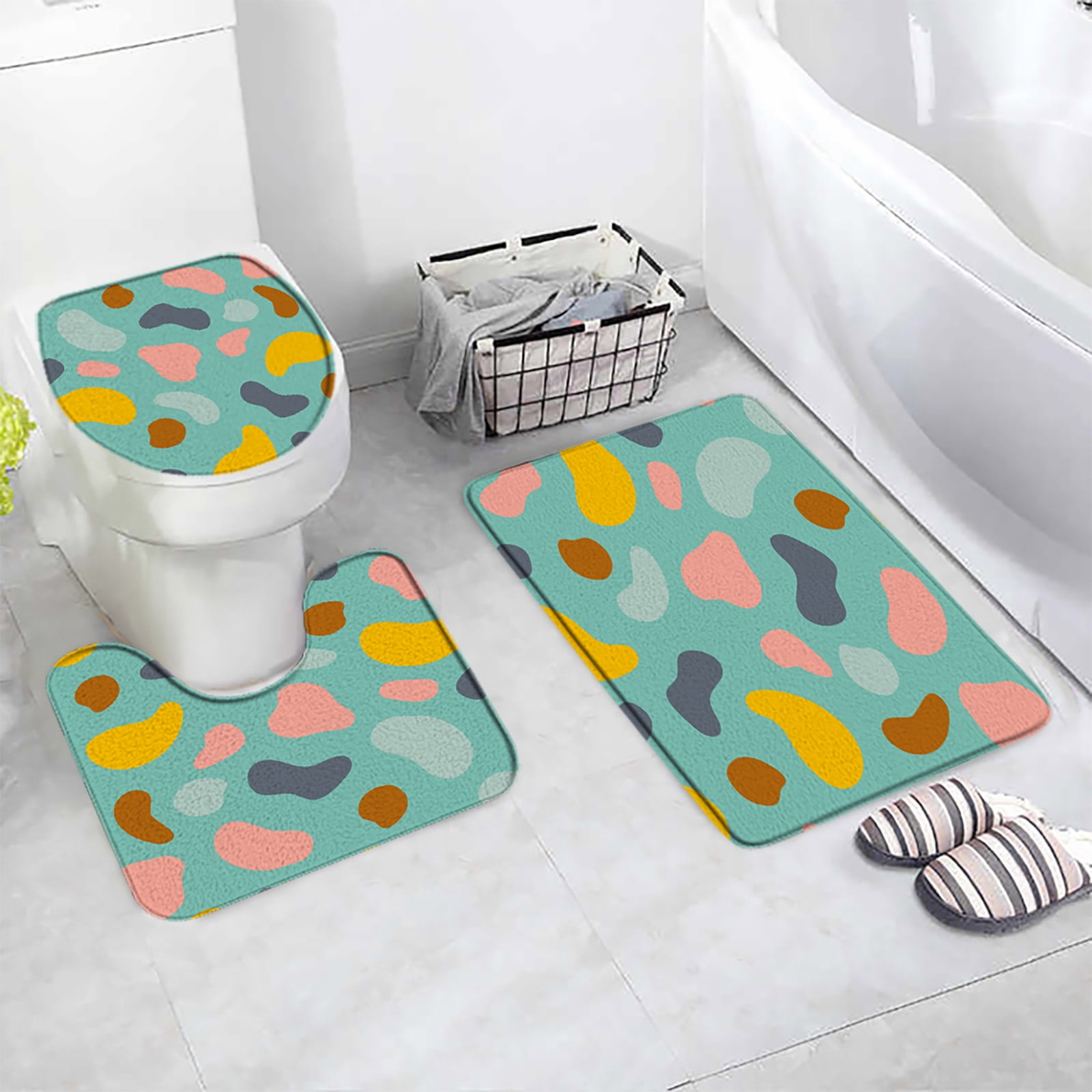 Creative Geometric Bath Mat Set Pink Yellow Brown Blue Pattern Modern ...