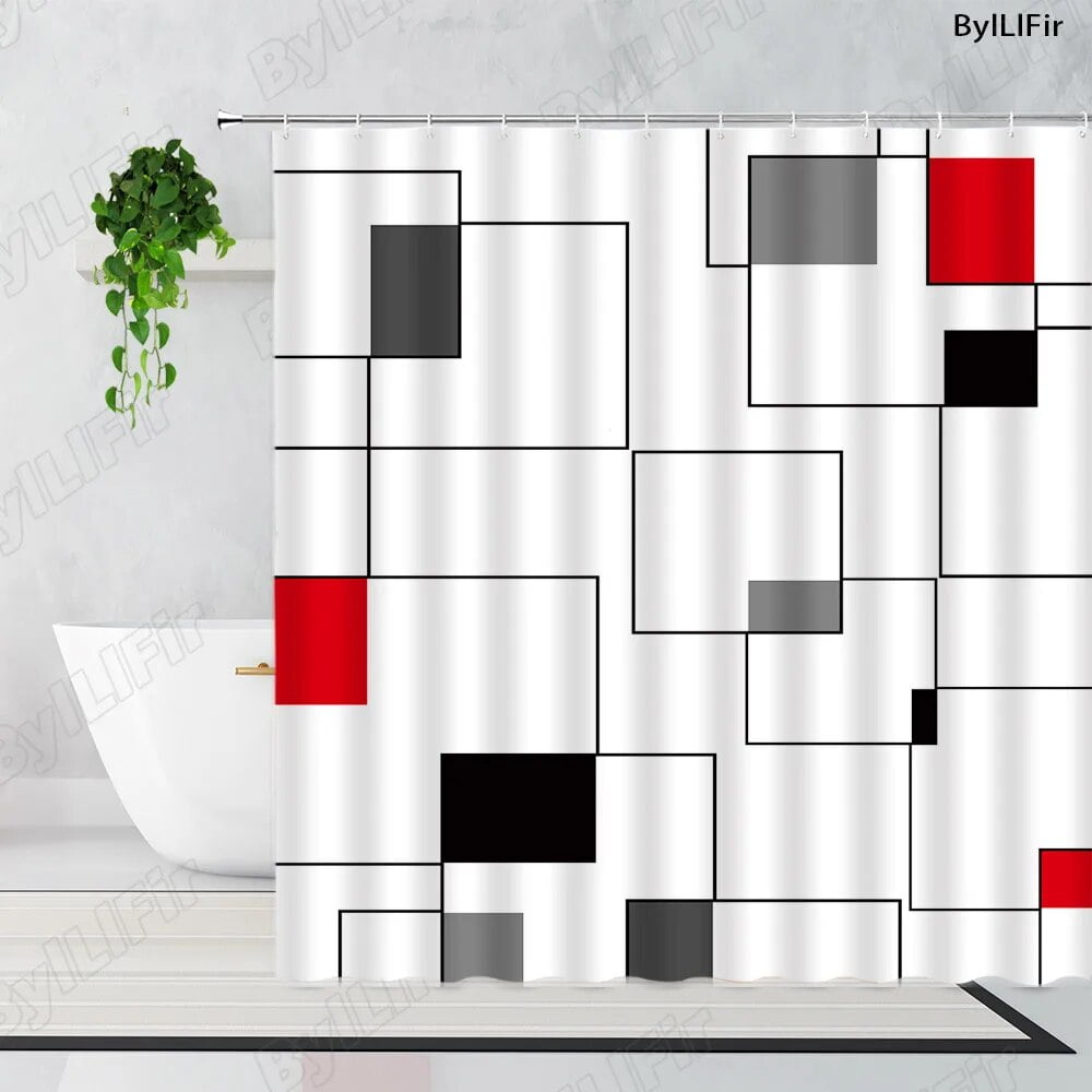 Creative Geometric Shower Curtains Black Lines Red Grey White Pattern