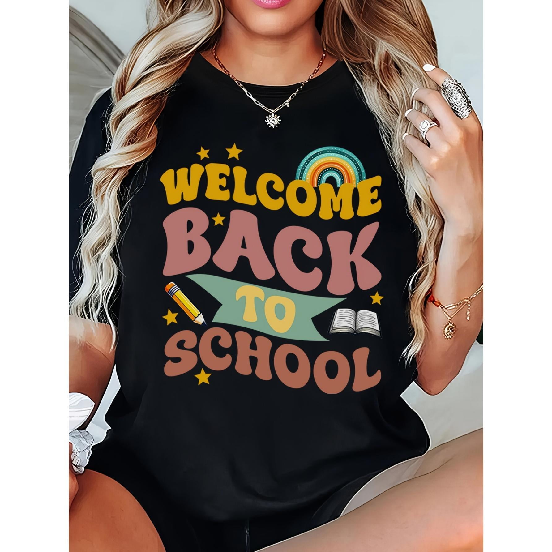 Creative Graphic Tee,Tops Has"Welcome Back To School"Text With Rainbow ...