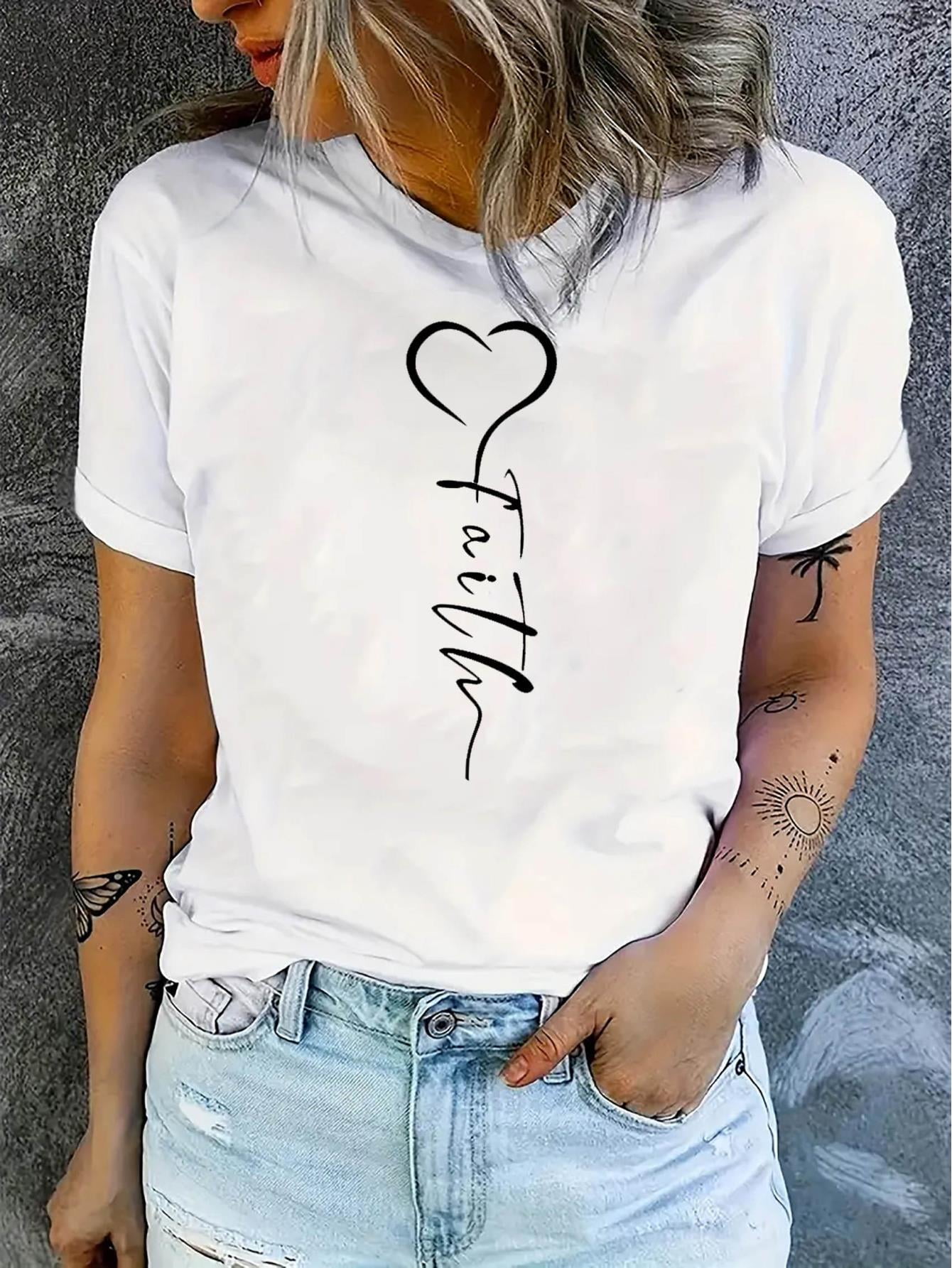 Creative Heart & Letter Graphic Print T-shirt, Casual Round Neck Short ...