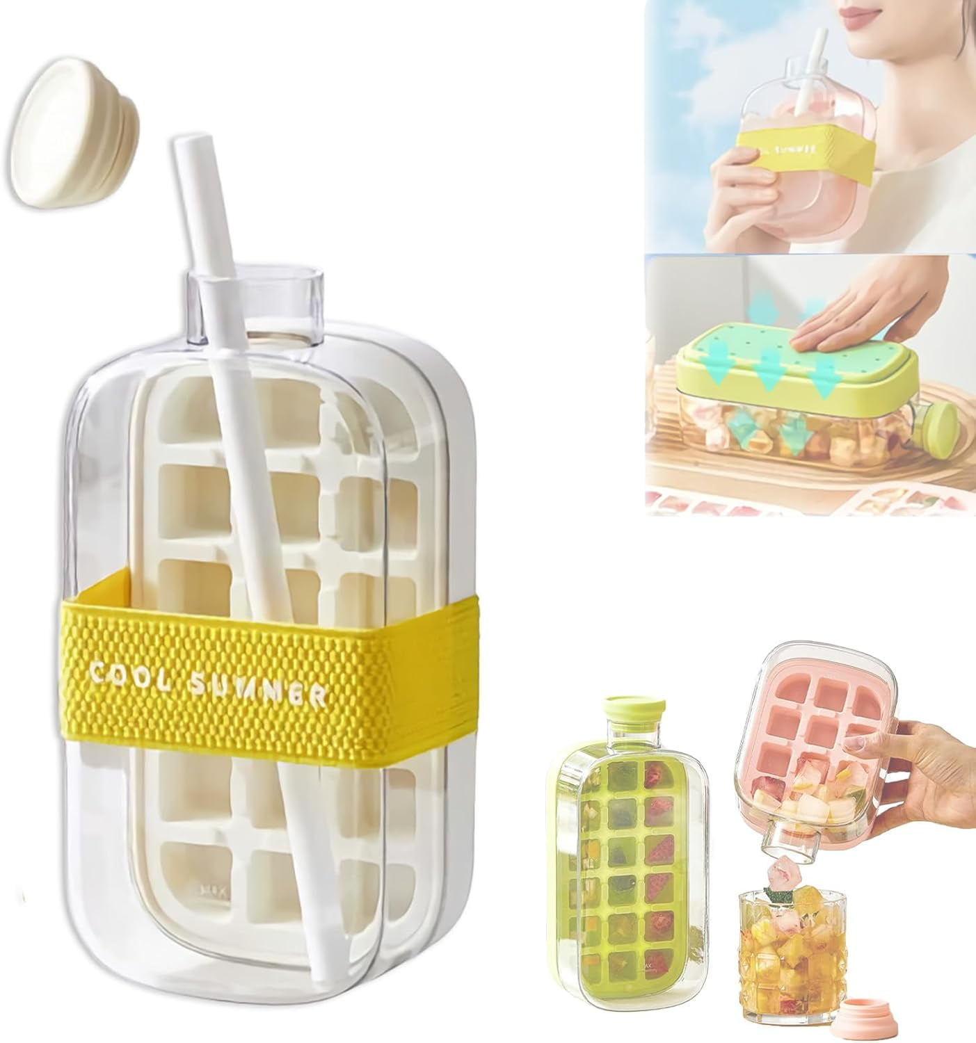 Creative Ice Cube Maker with Portable Kettle, 2 in 1 Ice Compartment Water Bottle with Straw ...