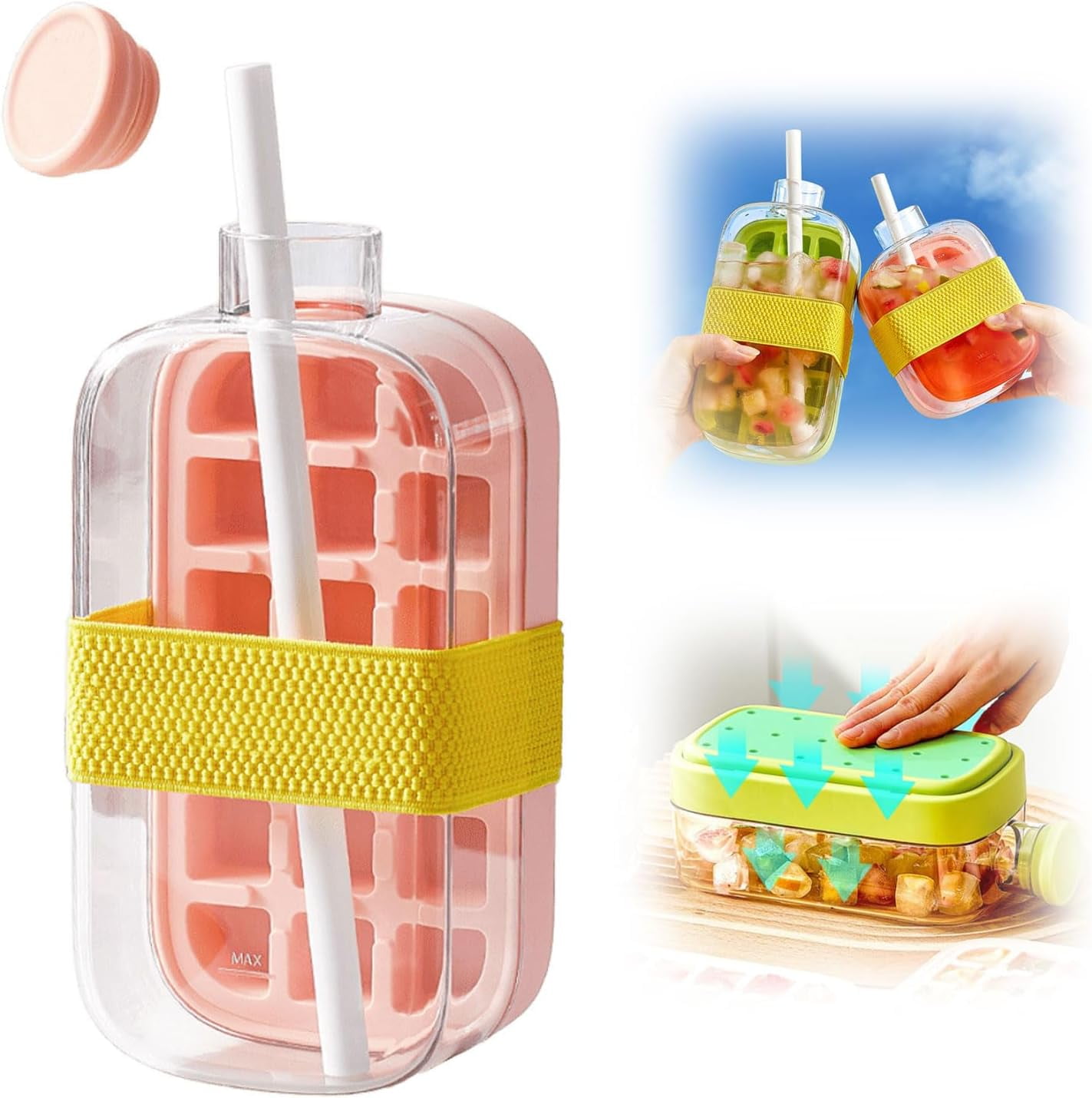 Creative Ice Cube Maker with Portable Kettle, 2 in 1 Touch-Free Ice Cube Tray Water Bottle with ...