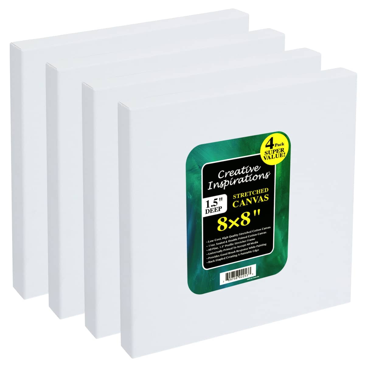 Creative Inspirations Stretched Canvas 4 Pack - 1-1/2" Deep, 8x8", 11oz Sealed & Double-Primed ...
