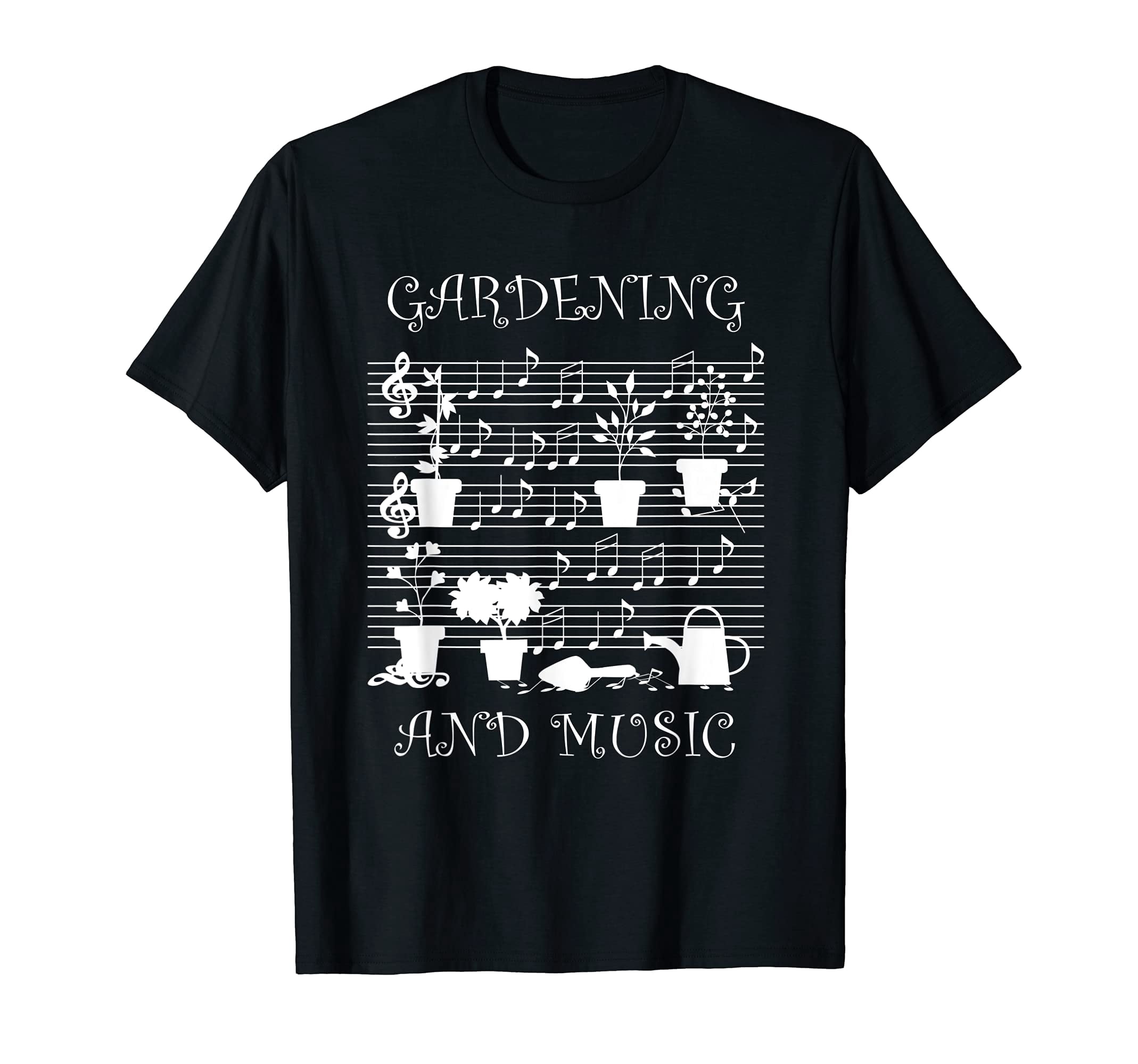 Creative Music Notes & Garden Tools Graphic T-Shirt for Hobbyists ...