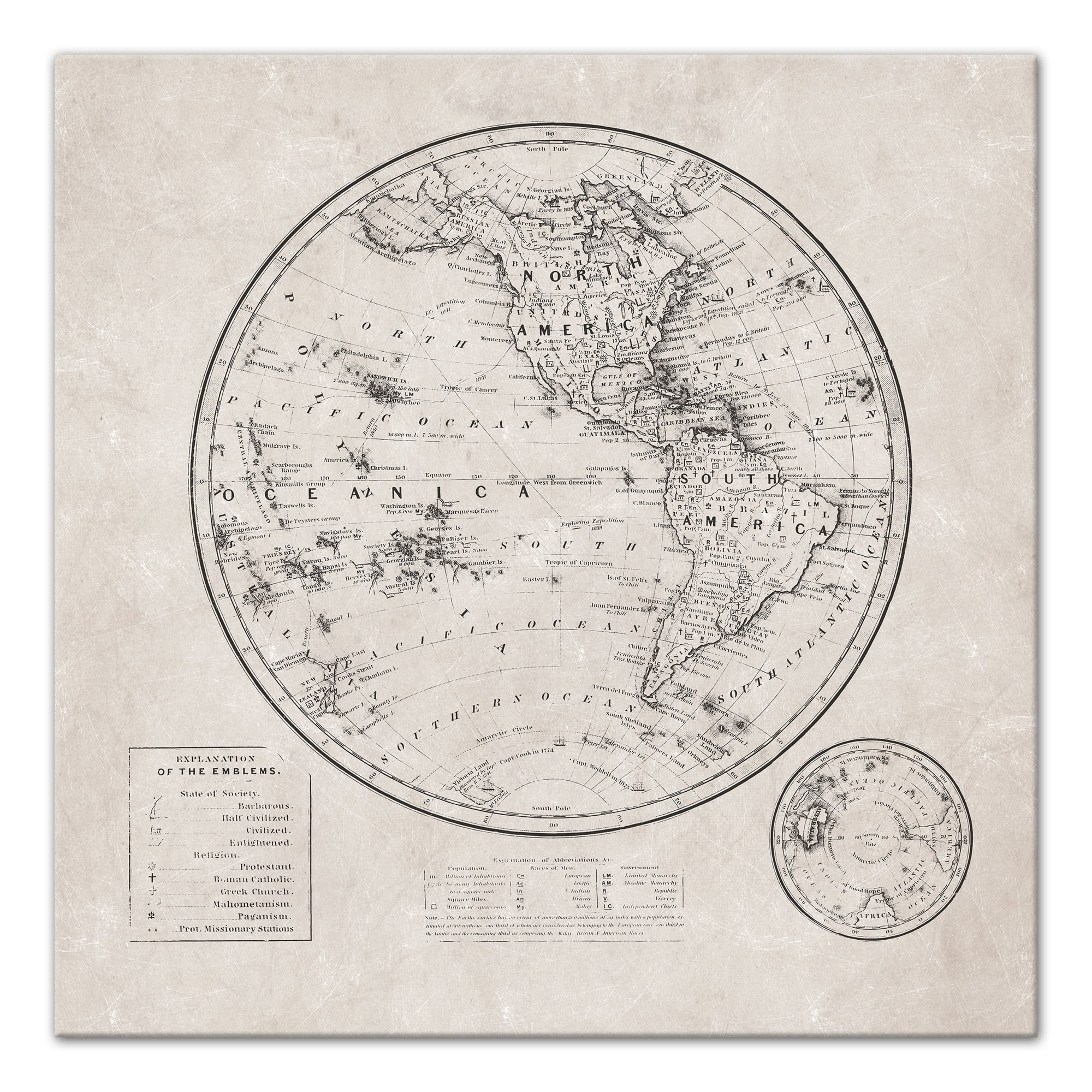 Creative Products Round World Map Distressed 24x24 Canvas Wall Art ...