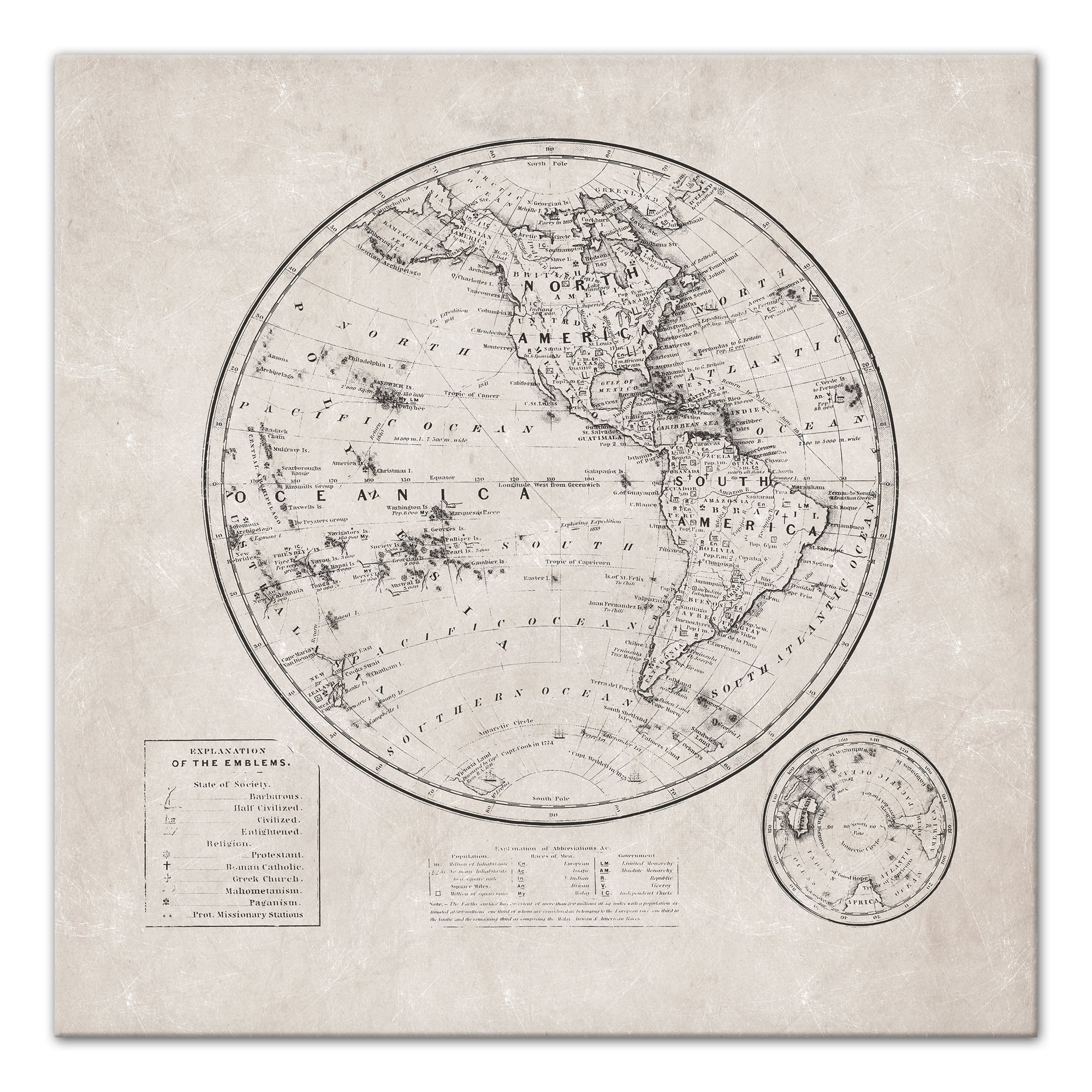 Creative Products Round World Map Distressed 36x36 Canvas Wall Art ...